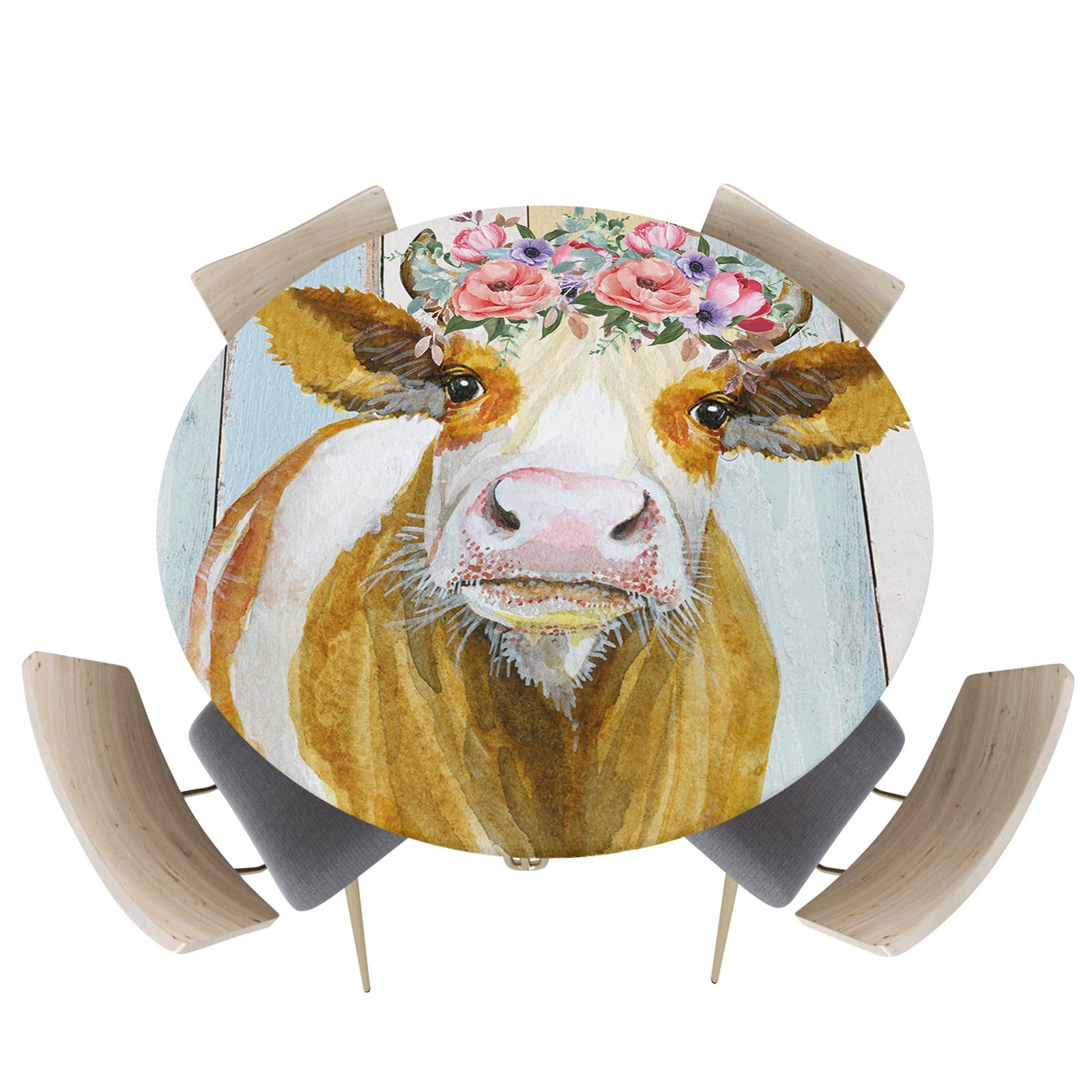 Fitted Round Tablecloths Table Covers 45-54in,Watercolor Farm Cow ...