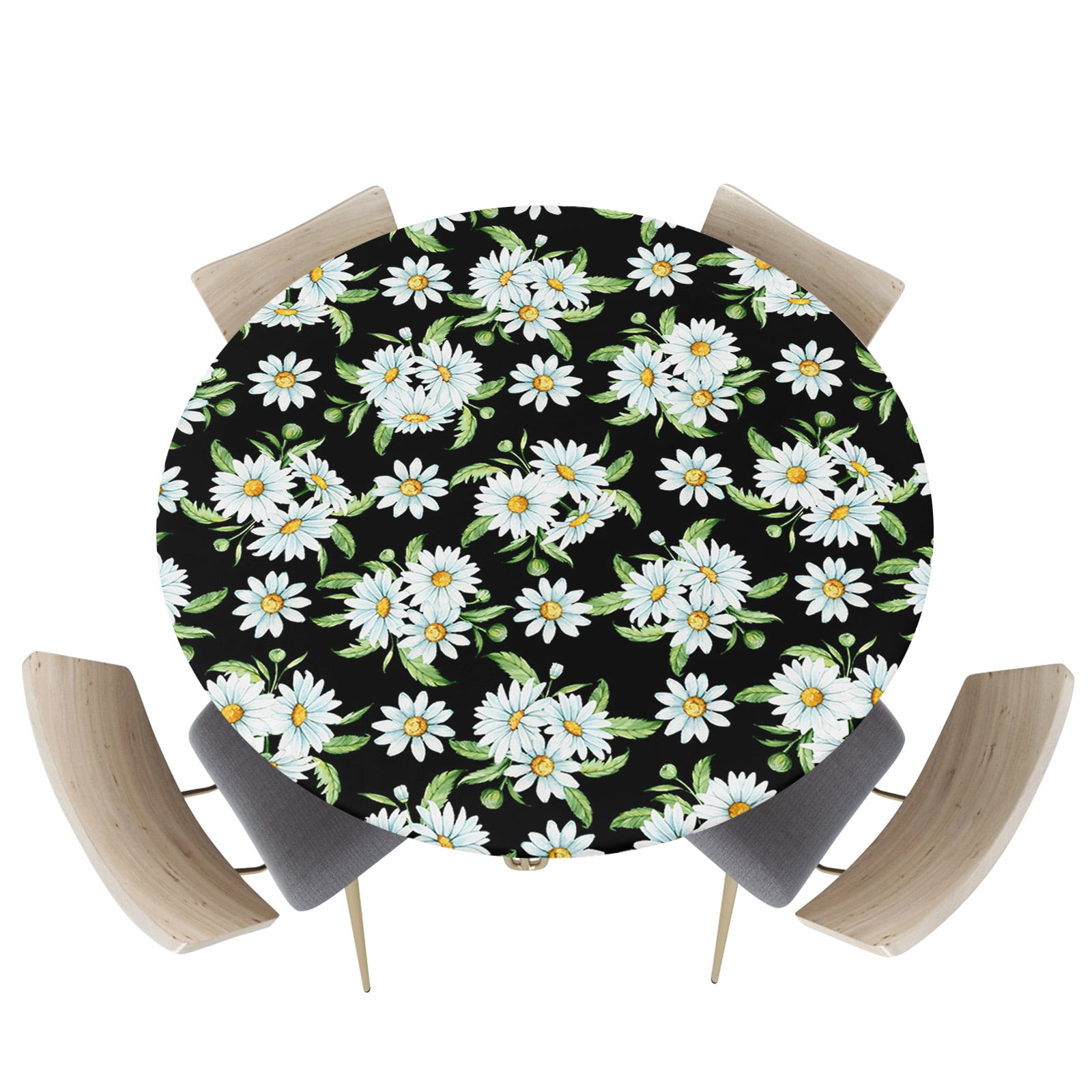Fitted Round Tablecloths Table Covers 55-60in,Blossom Watercolor Daisy Flower Waterproof Elastic ...