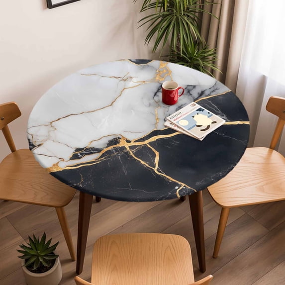 Fitted Tablecloth for Round Table, Abstract Marble Texture Table Cover ...