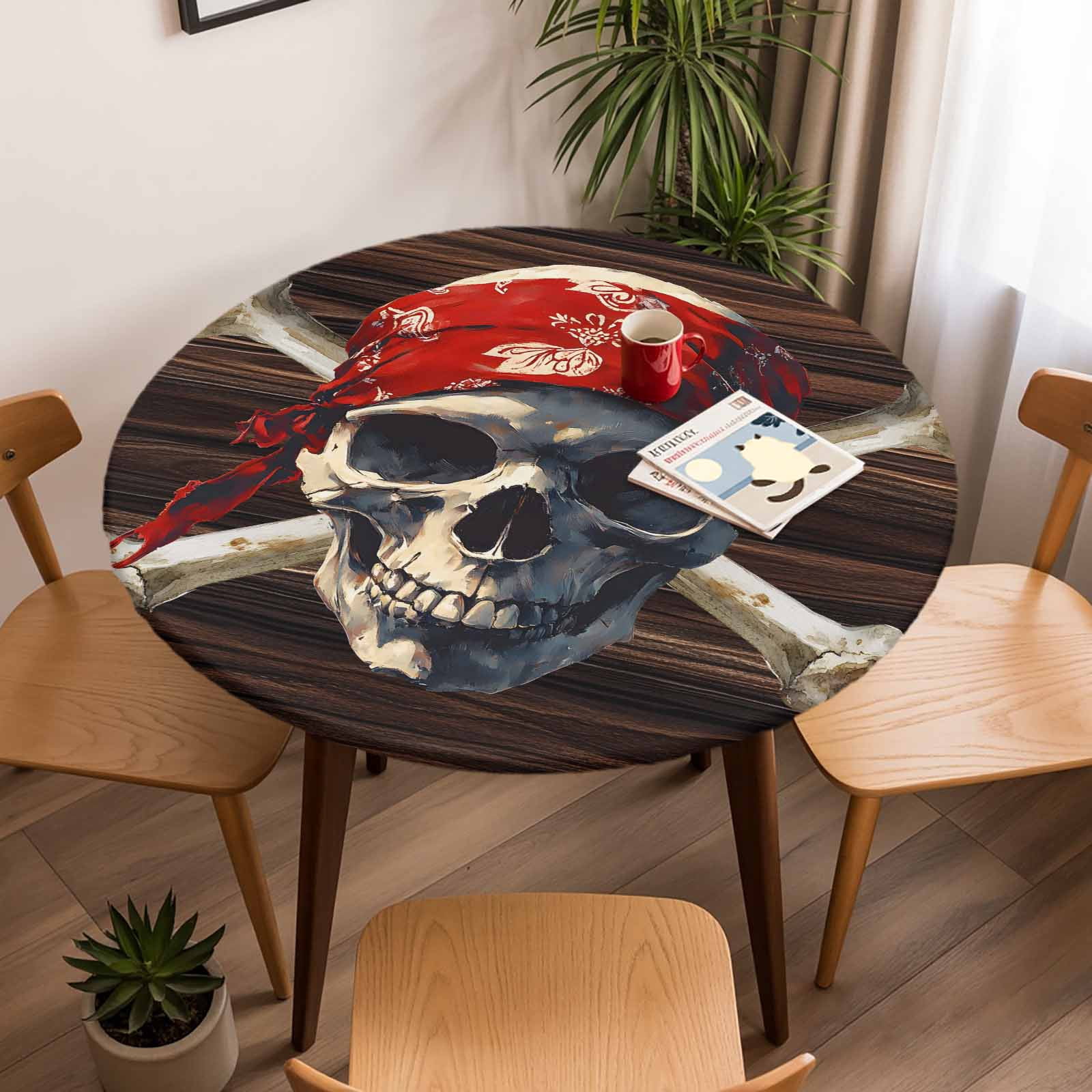 Fitted Tablecloth for Round Table, Abstract Punk Pirate Skull Table ...