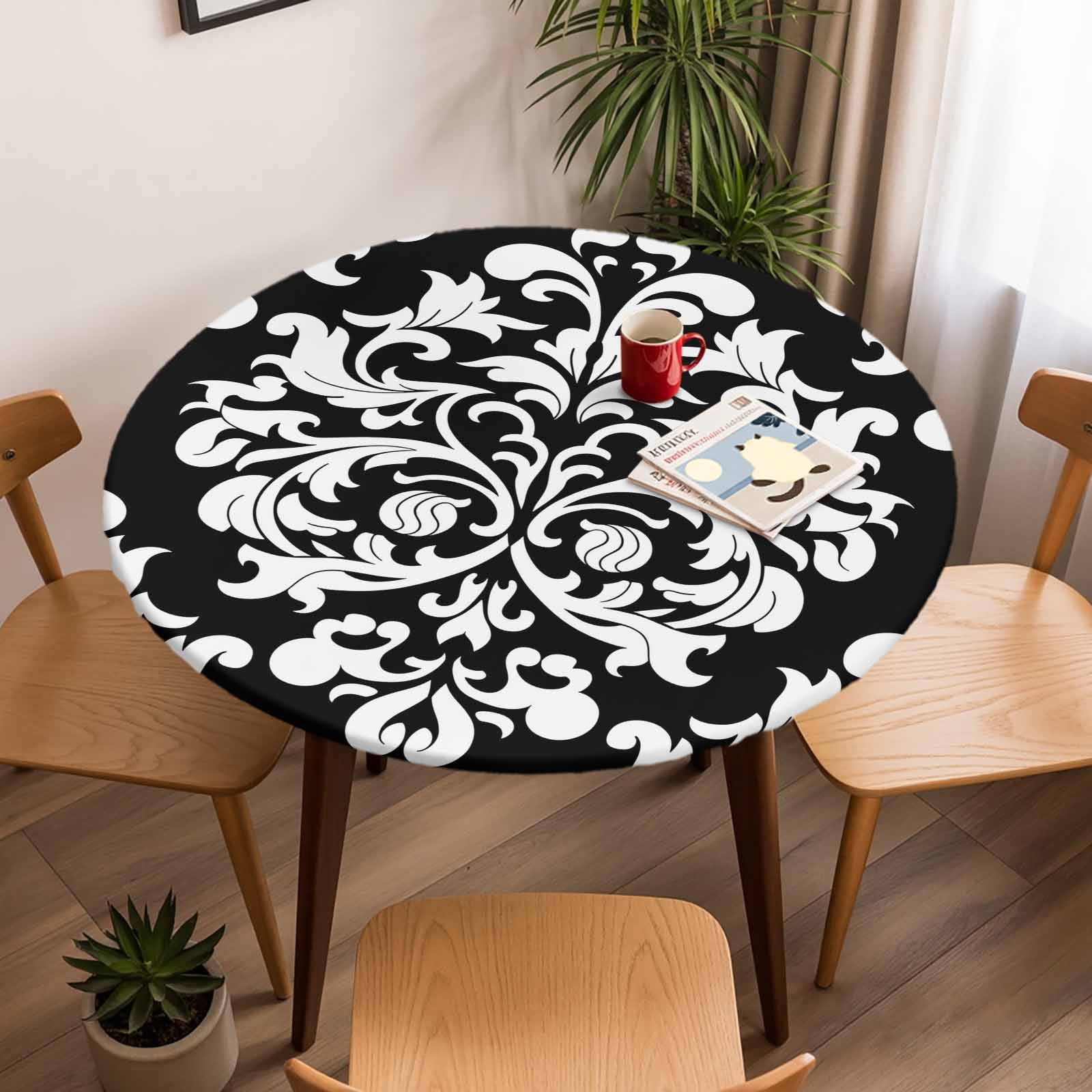 Fitted Tablecloth for Round Table, Aesthetic Boho Black White Floral ...