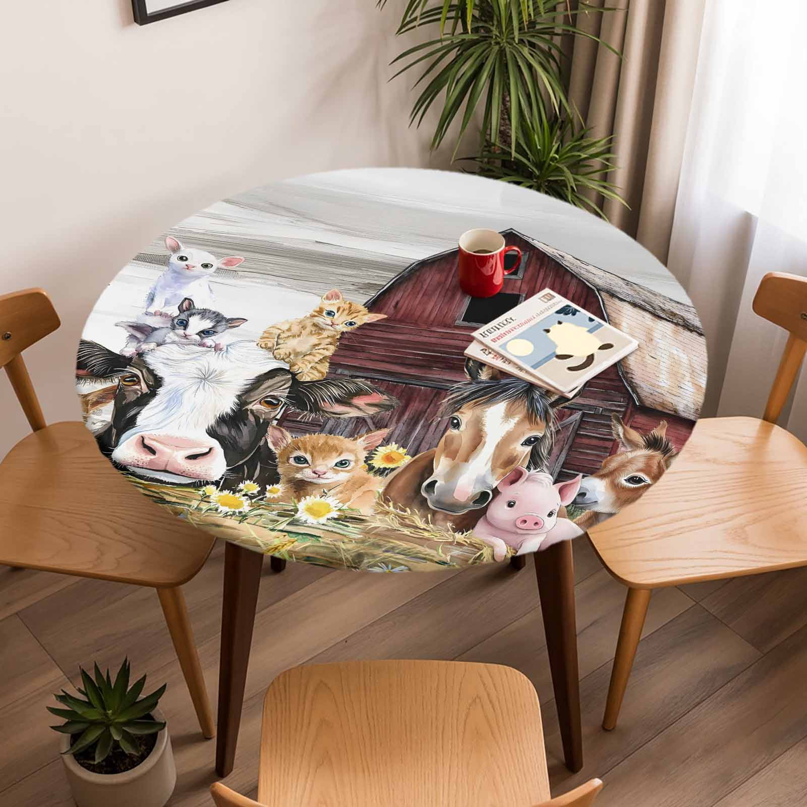 Fitted Tablecloth for Round Table, Animal Pig Cow Farm Barn Table Cover ...