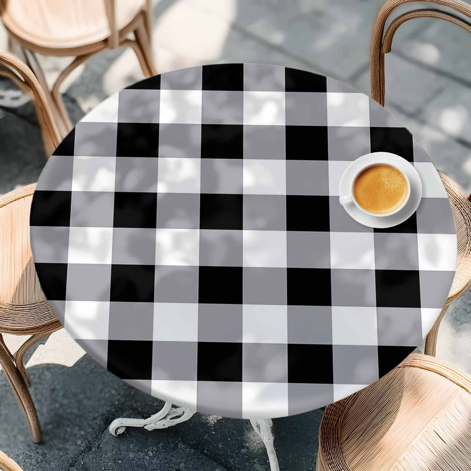 Fitted Tablecloth for Round Table,Black White Buffalo Plaid Table Cover ...