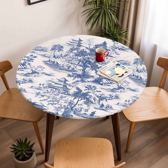 Fitted Tablecloth for Round Table, Blue Chinoiserie Garden Pavilion ...