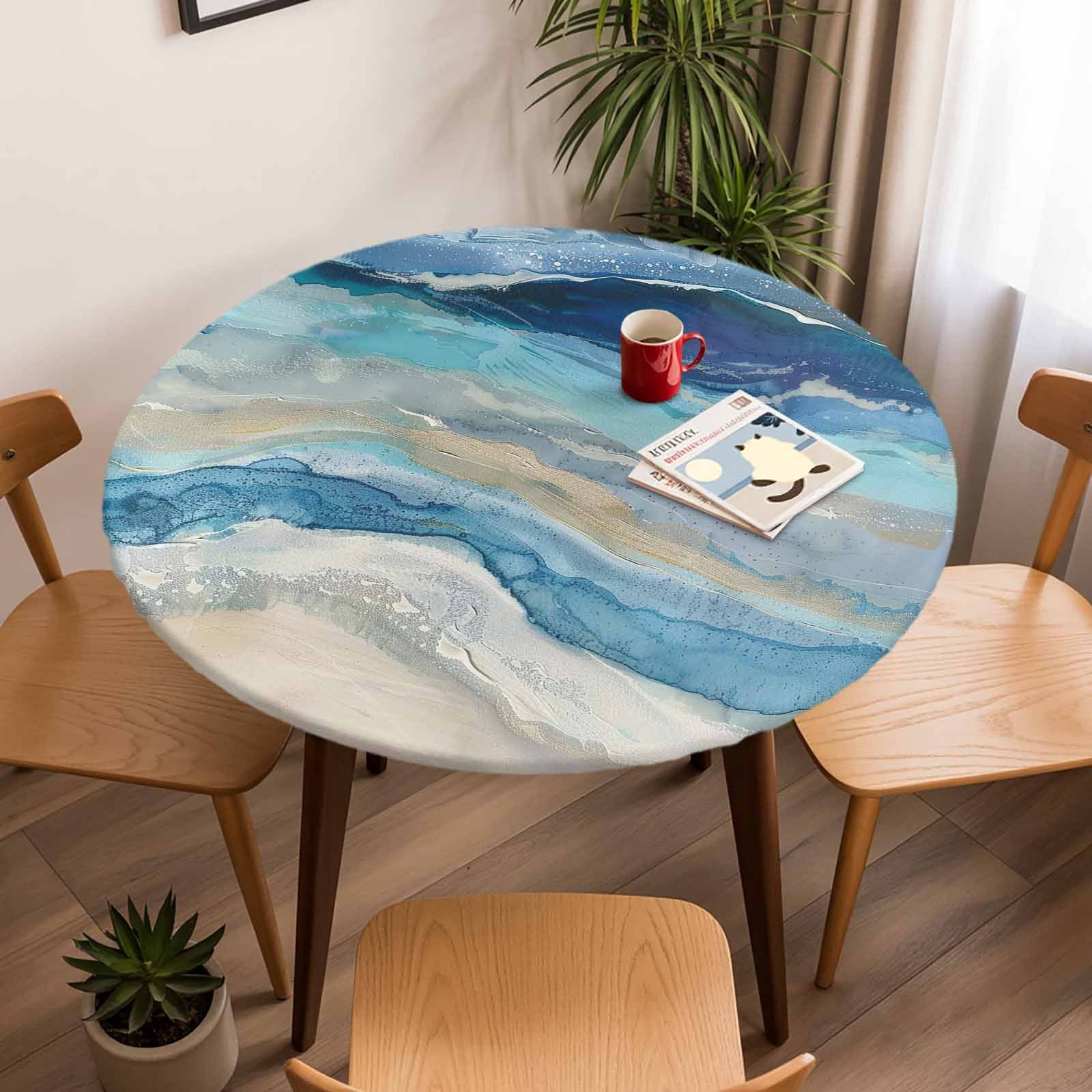 Fitted Tablecloth for Round Table, Blue Gradient Water Ripple Table ...