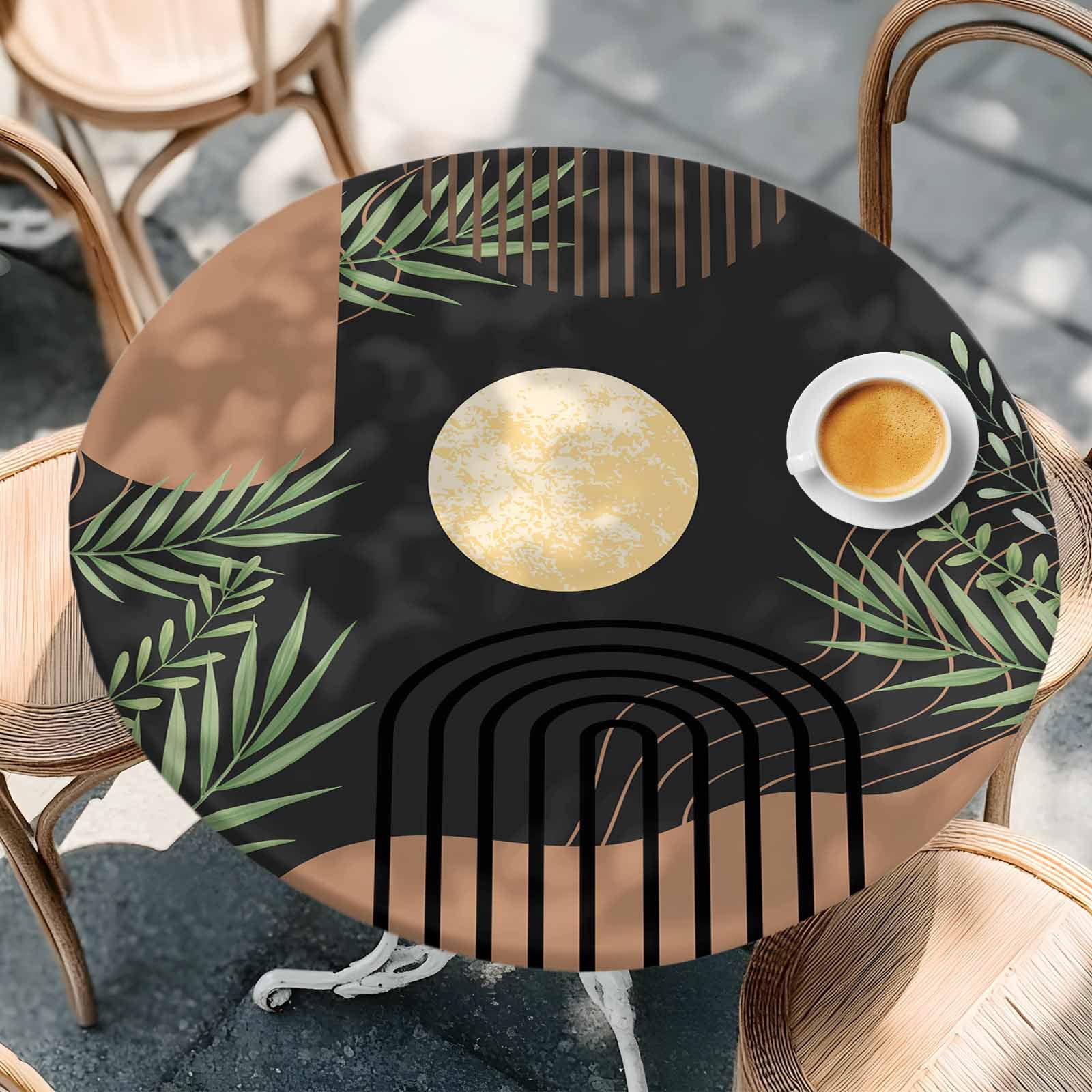 Fitted Tablecloth for Round Table, Boho Leaf Arch Moon Table Cover with ...