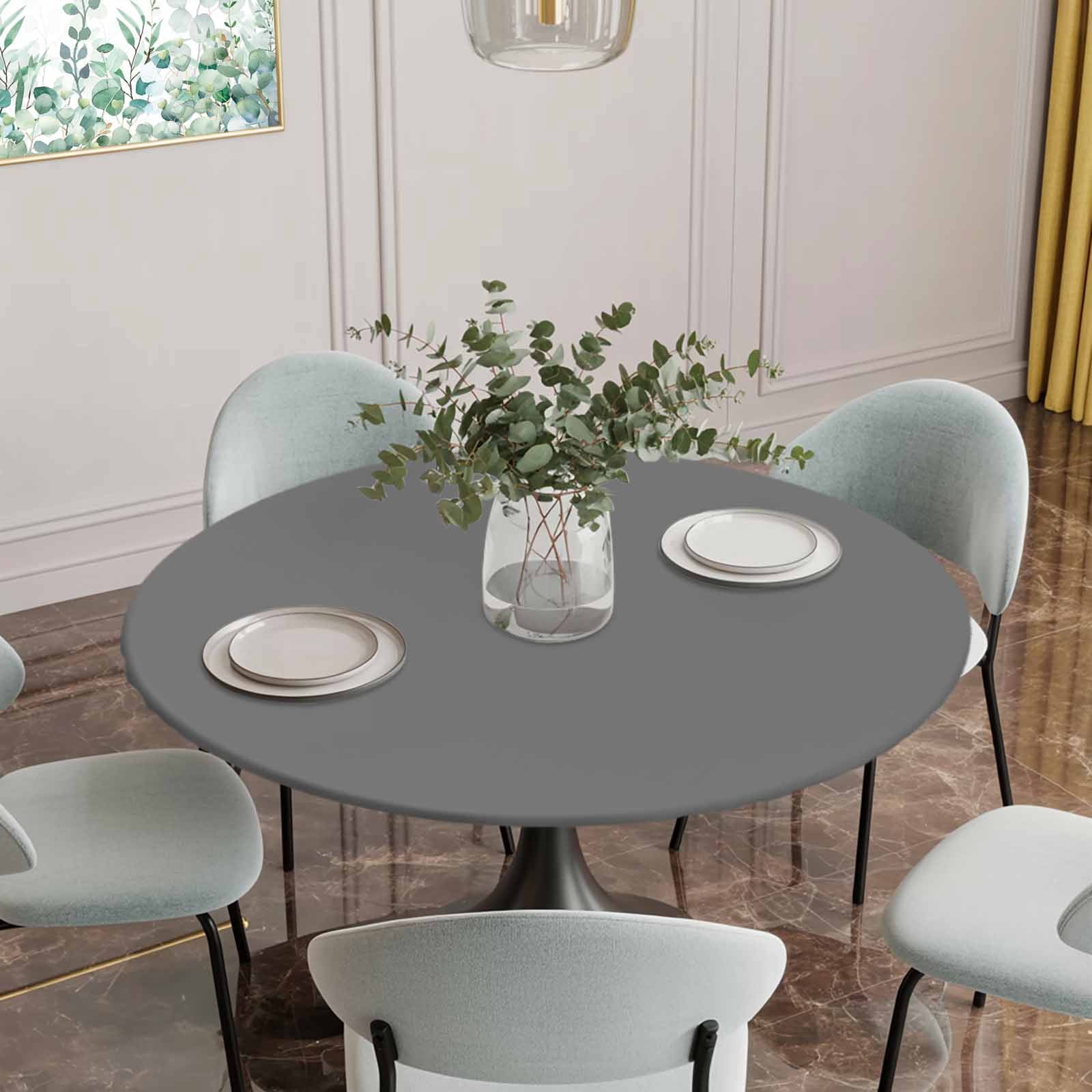 Fitted Tablecloth for Round Table, Deep Grey Table Cover with Elastic ...