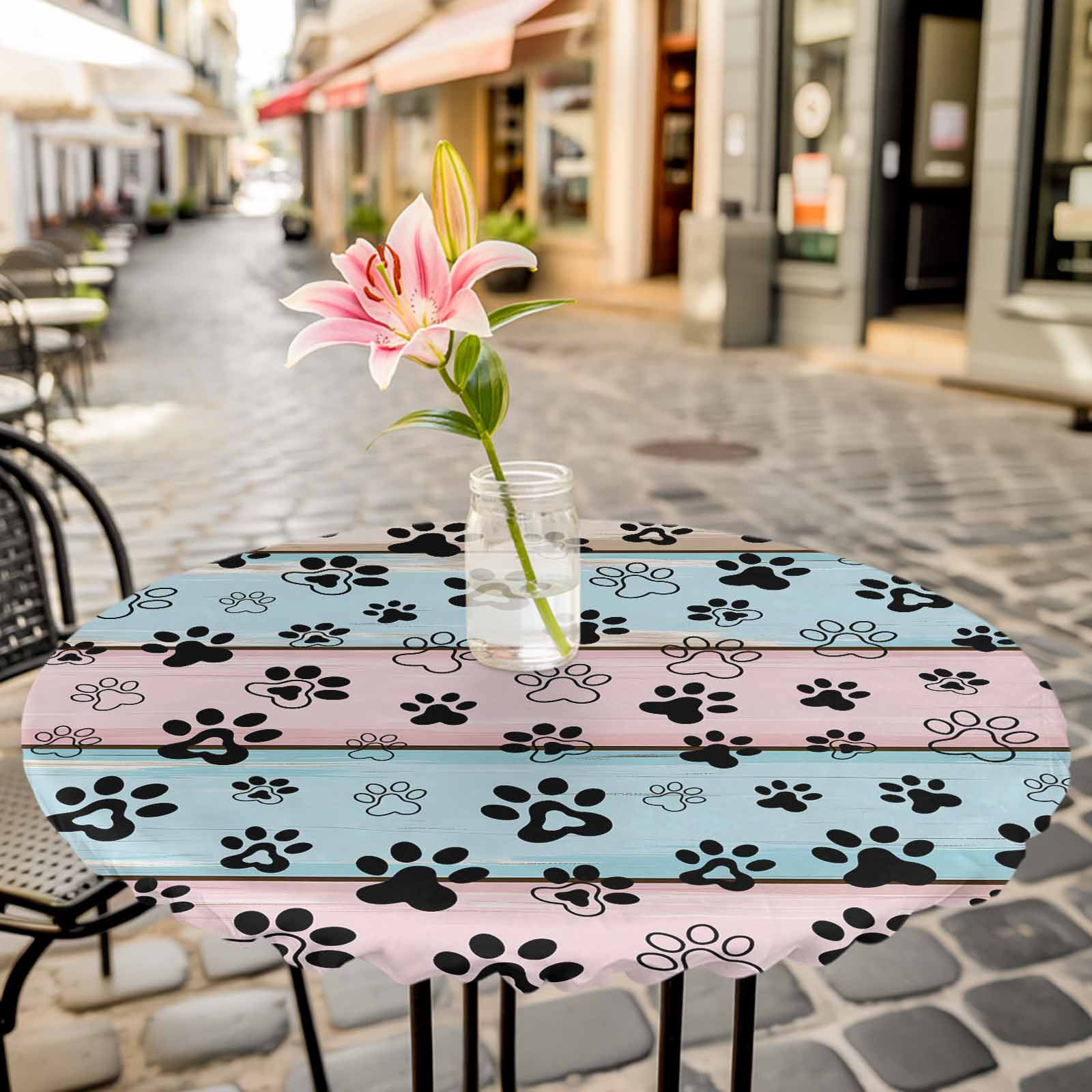 Fitted Tablecloth for Round Table, Dog Paw Farm Colorful Wood Board ...