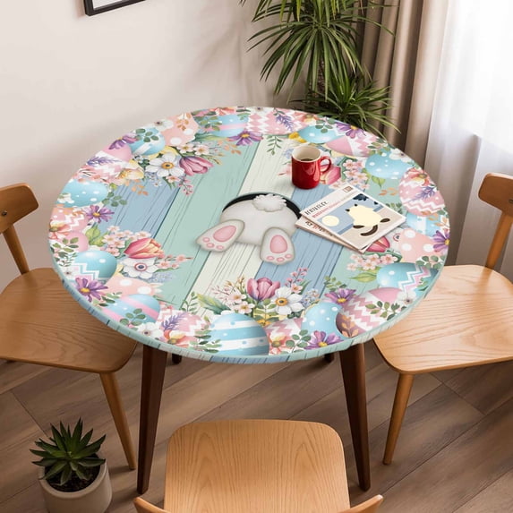 Fitted Tablecloth for Round Table,Easter Spring Flower Eggs Bunny Tail ...