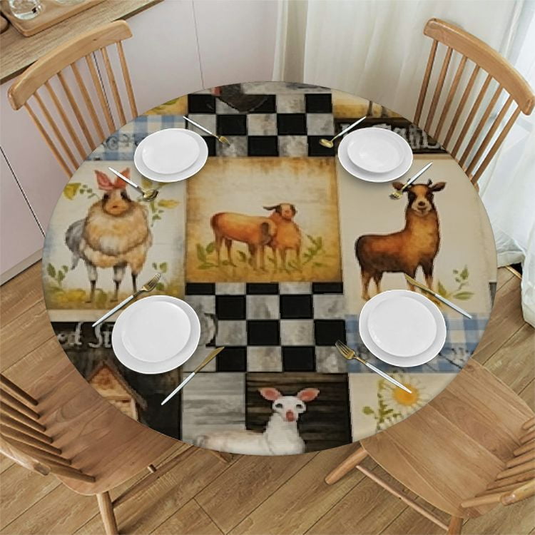 Fitted Tablecloth for Round Table,Farm Animal Cow Pig Vintage Black ...
