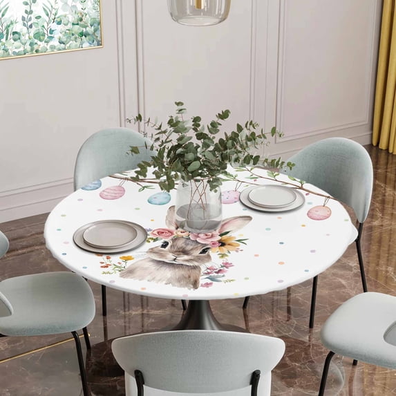Fitted Tablecloth for Round Table, Farm Bunny Wreath Easter Egg Table ...