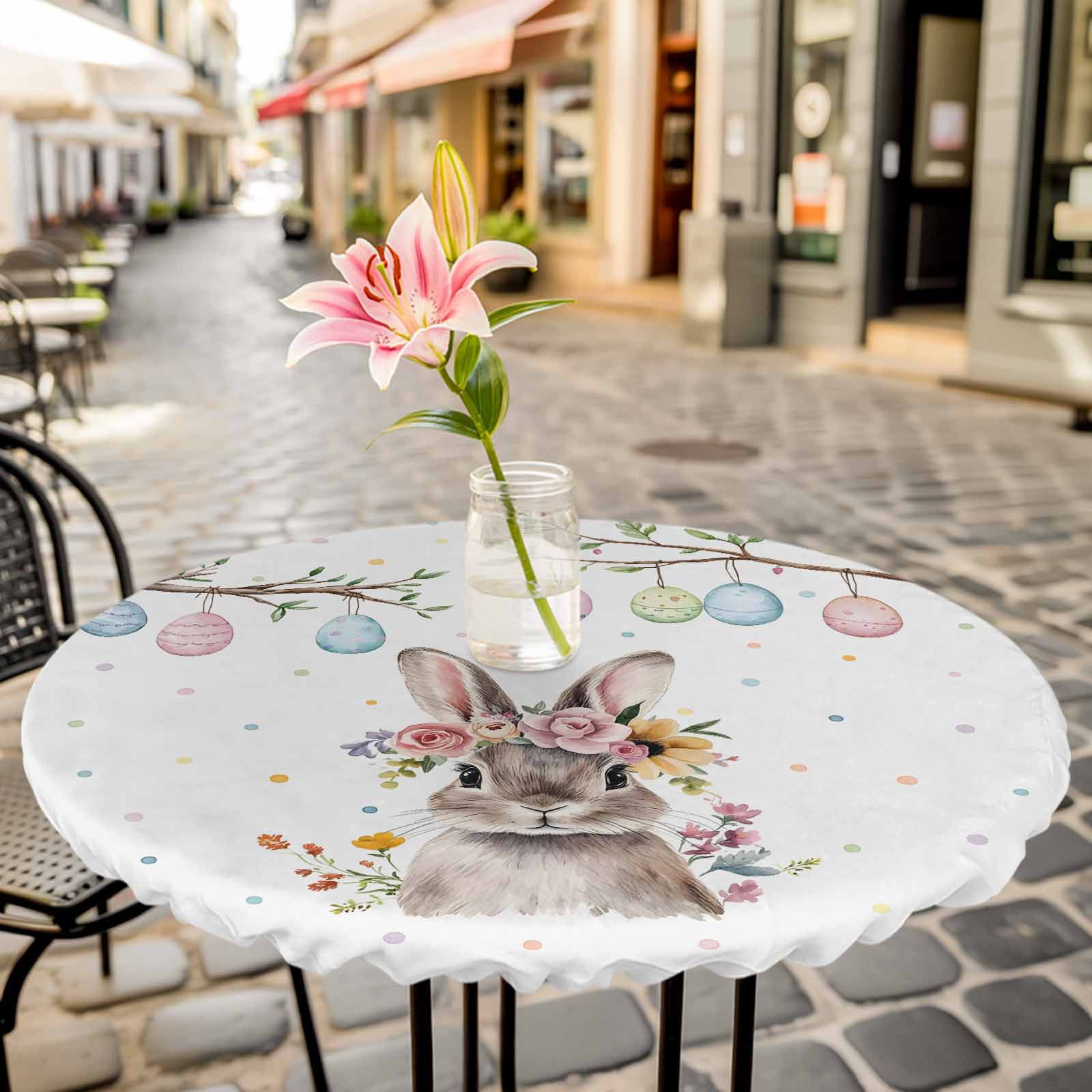 Fitted Tablecloth for Round Table, Farm Bunny Wreath Easter Egg Table ...