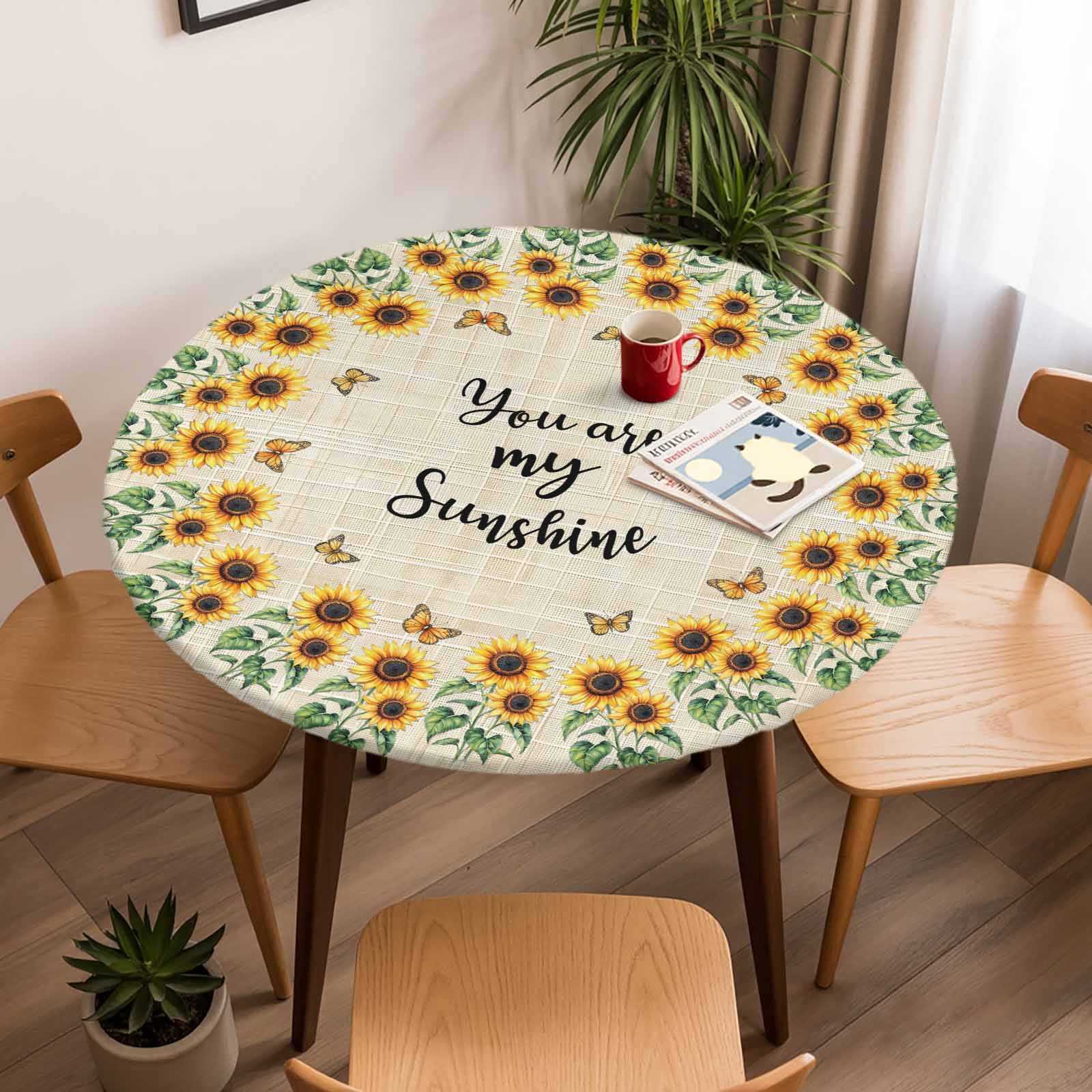 Fitted Tablecloth for Round Table, Farm Sunflower on Vintage Linen ...