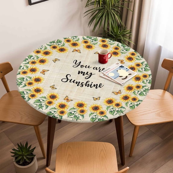 Fitted Tablecloth for Round Table, Farm Sunflower on Vintage Linen ...