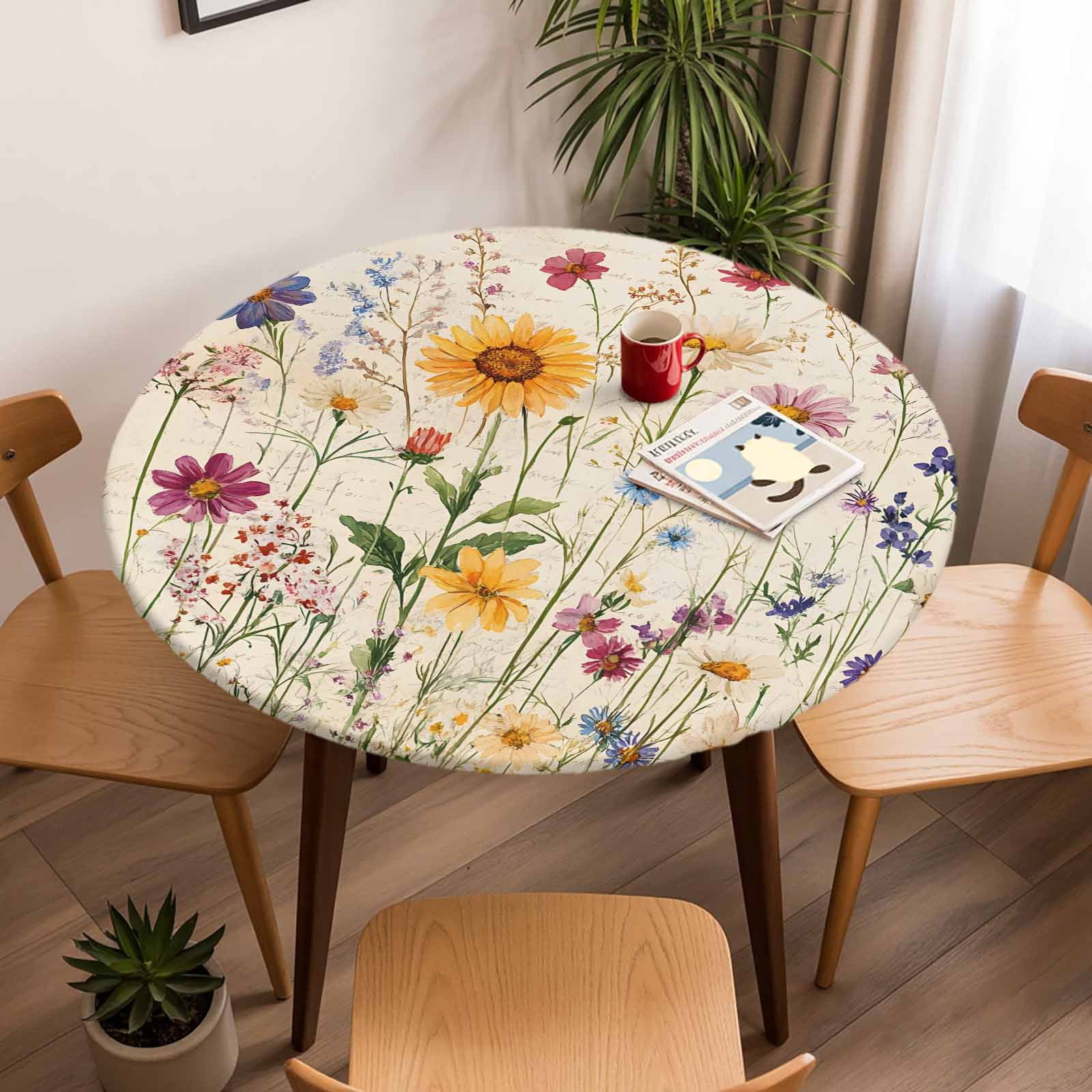Fitted Tablecloth for Round Table, Farm Watercolor Flower Plants Table ...