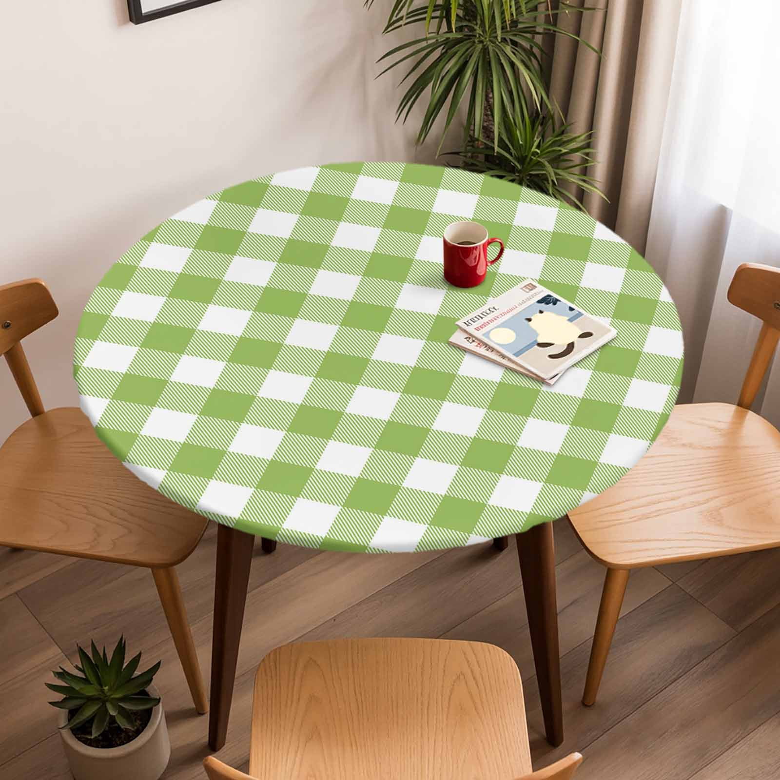 Fitted Tablecloth for Round Table, Farmhouse Plaid Design Table Cover ...