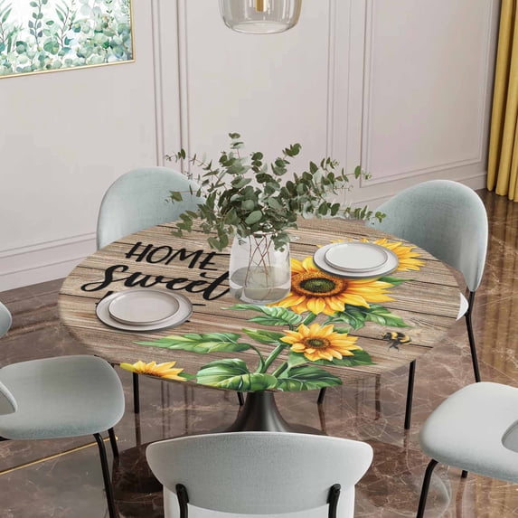 Fitted Tablecloth for Round Table, Farmhouse Sunflower Sweet Home Quote ...