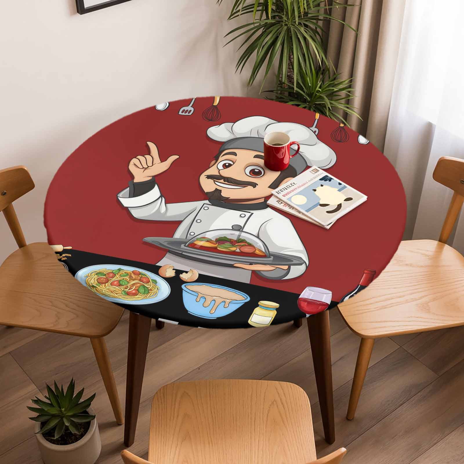 Fitted Tablecloth for Round Table,Fun Chef Kitchenware Food Burgundy ...