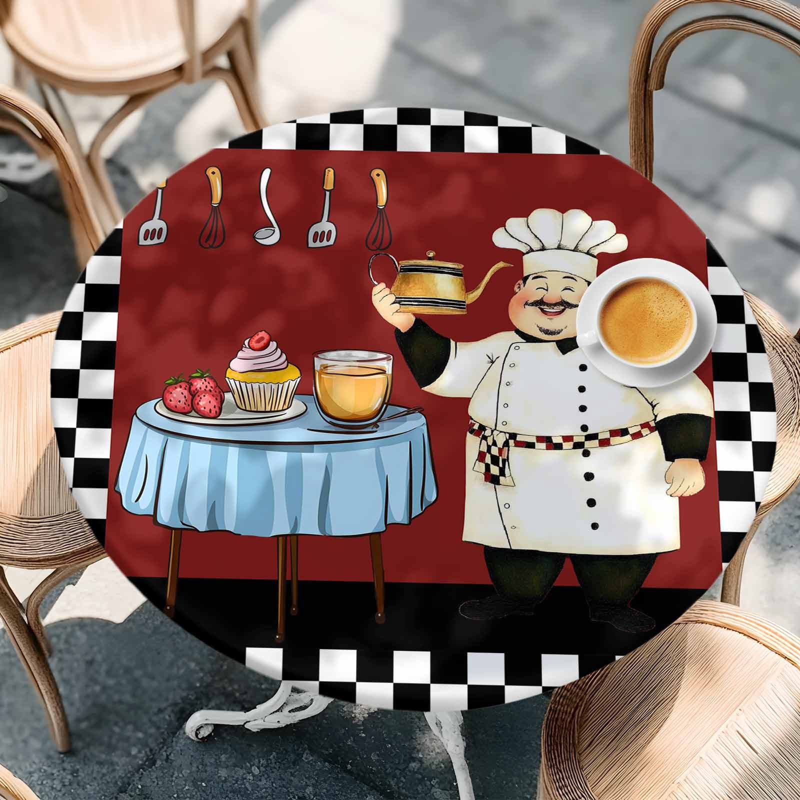 Fitted Tablecloth for Round Table,Funny Chef Delicious Dessert Table ...