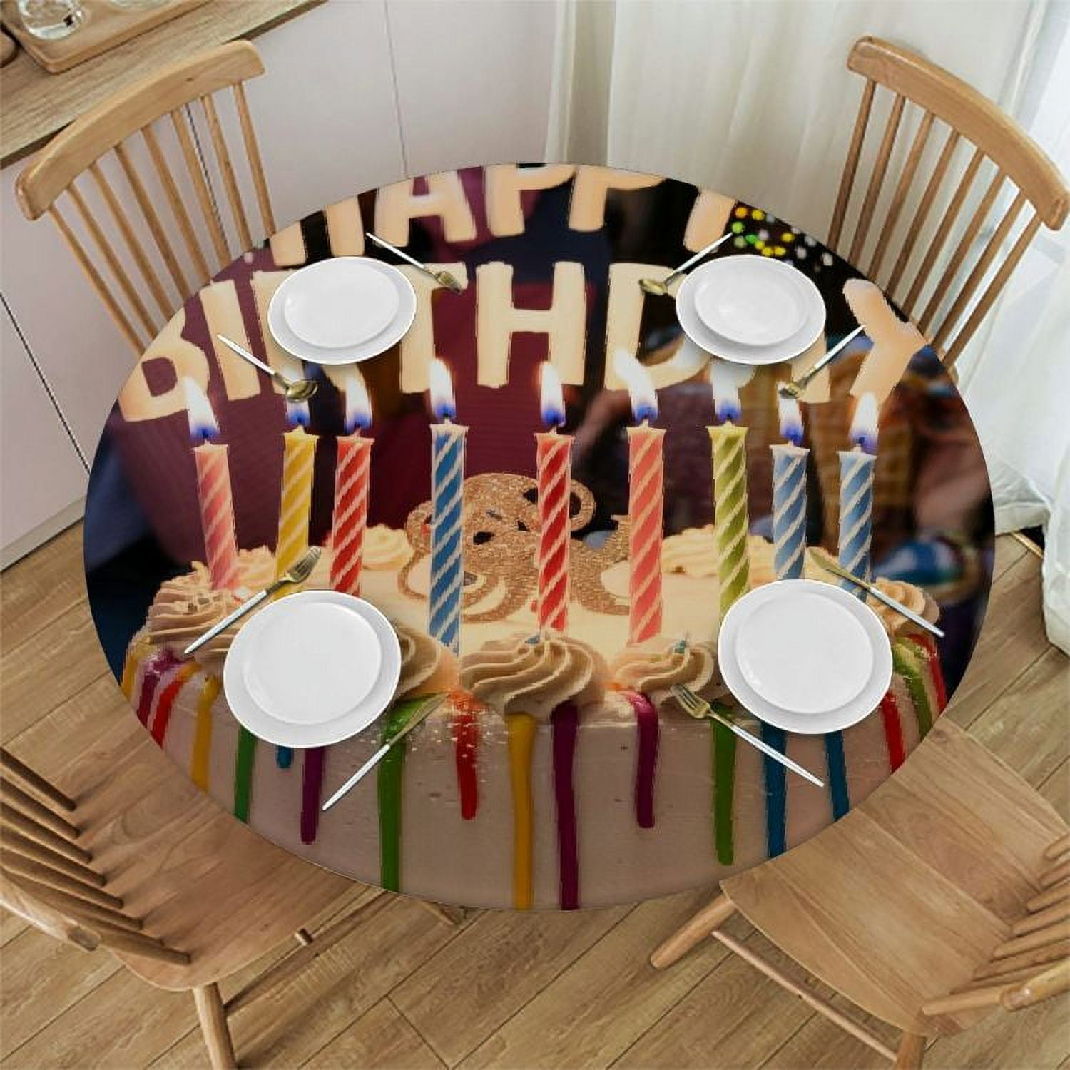 Fitted Tablecloth for Round Table,Happy Birthday Cake Colorful Banner ...