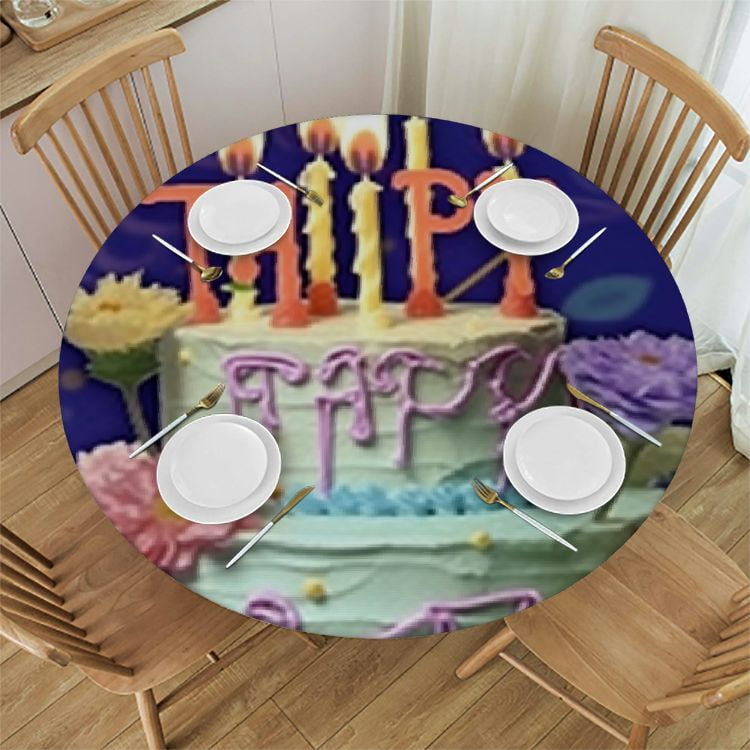 Fitted Tablecloth for Round Table,Happy Birthday Cake Table Cover with ...