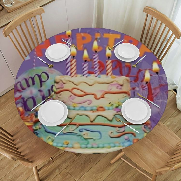 Fitted Tablecloth for Round Table,Happy Birthday Cake Table Cover with ...