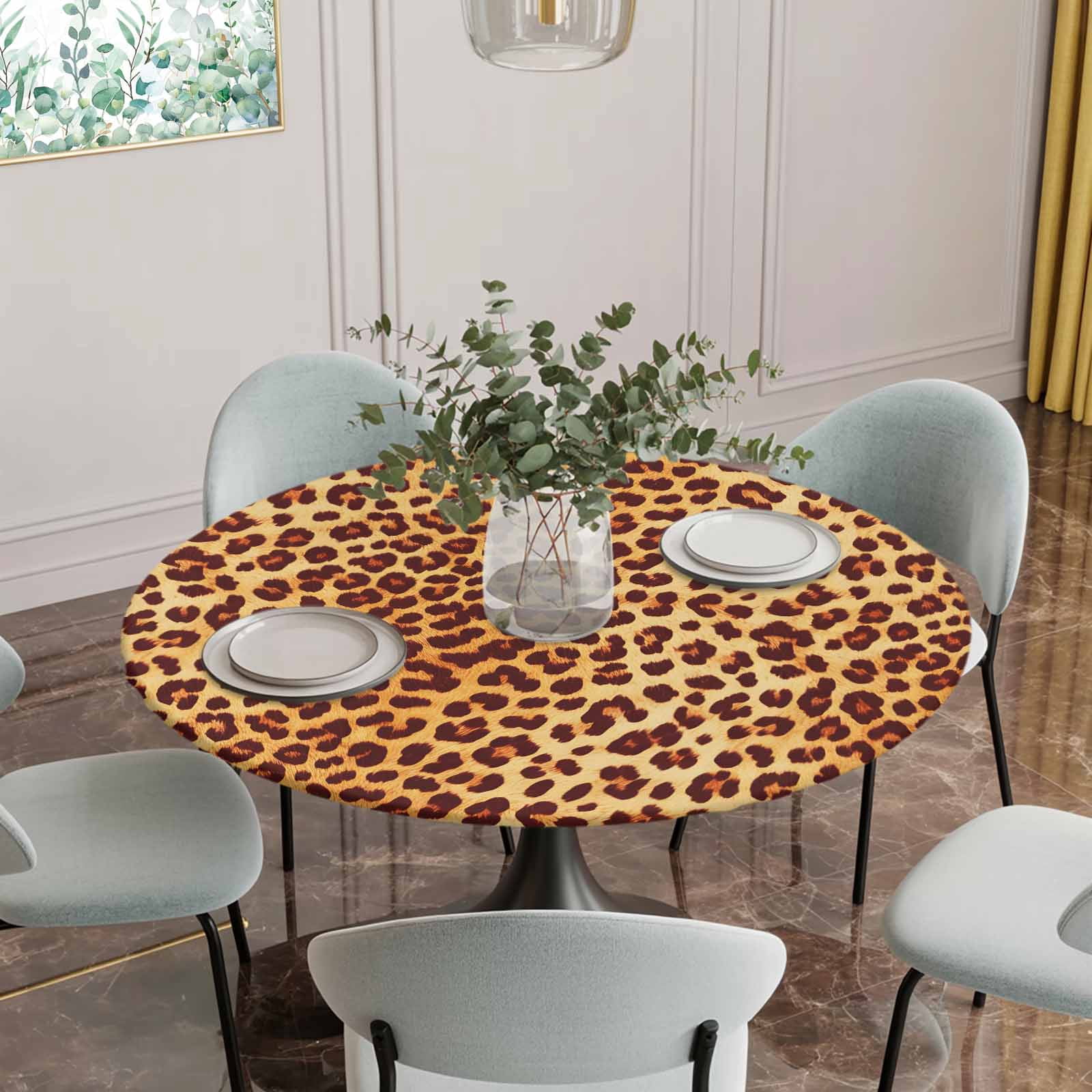 Fitted Tablecloth for Round Table, Leopard Print Animal Skin Texture ...