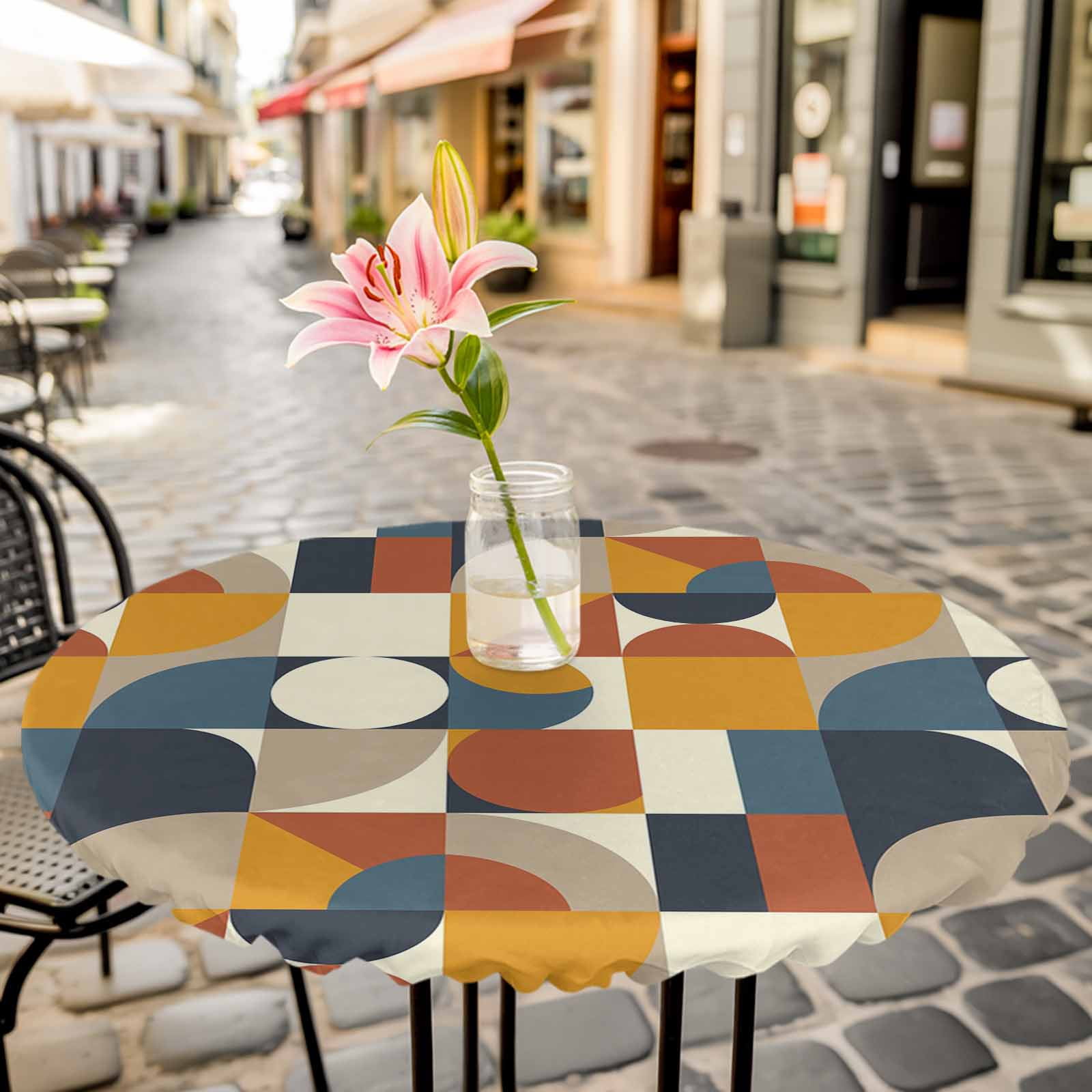 Fitted Tablecloth for Round Table, Mid Century Abstract Geometric ...