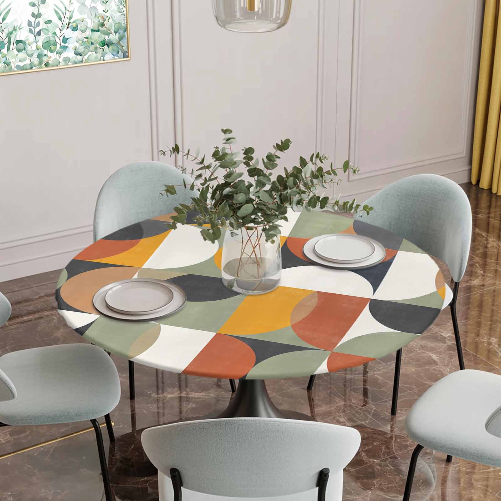 Fitted Tablecloth for Round Table, Mid Century Color Block Abstract ...