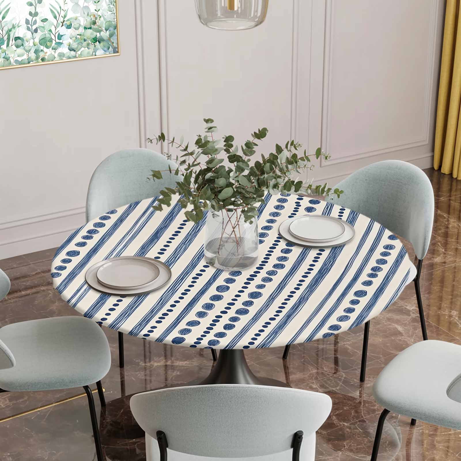 Fitted Tablecloth for Round Table, Modern Geometric Blue Stripe Dot ...