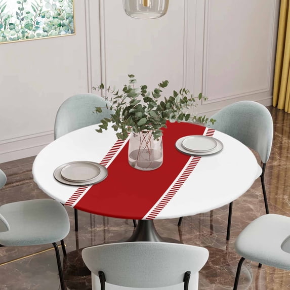 Fitted Tablecloth for Round Table, Modern Red Stripe on White Table ...