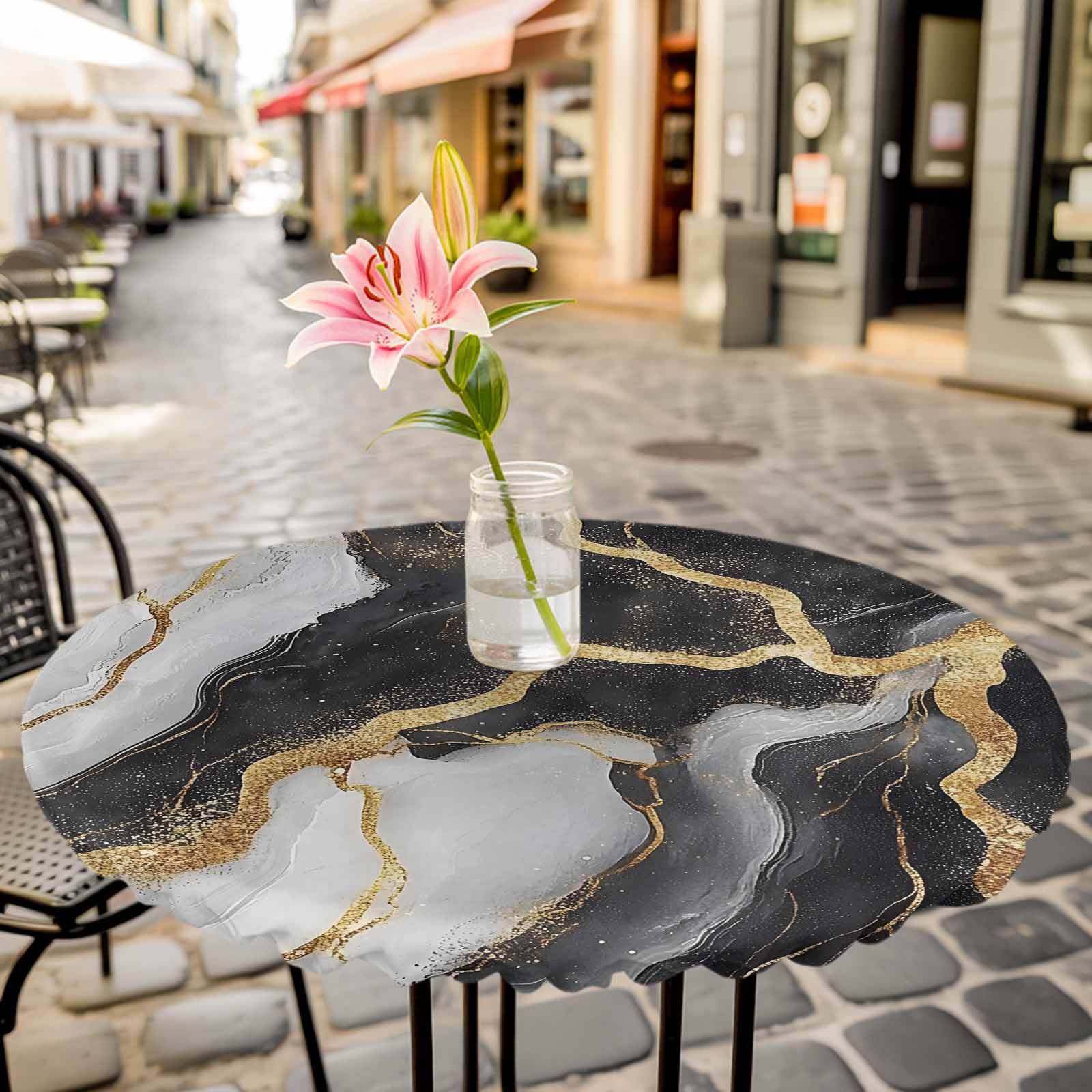 Fitted Tablecloth for Round Table, Natural Black White Marble Gold ...
