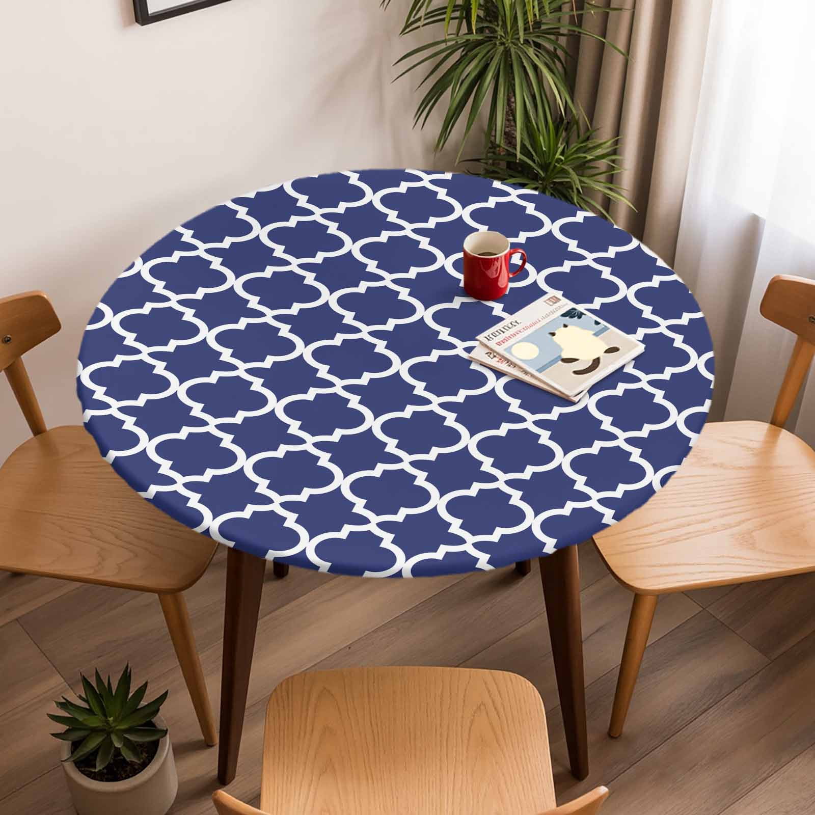 Fitted Tablecloth for Round Table, Navy Blue Moroccan Plaid Table Cover ...