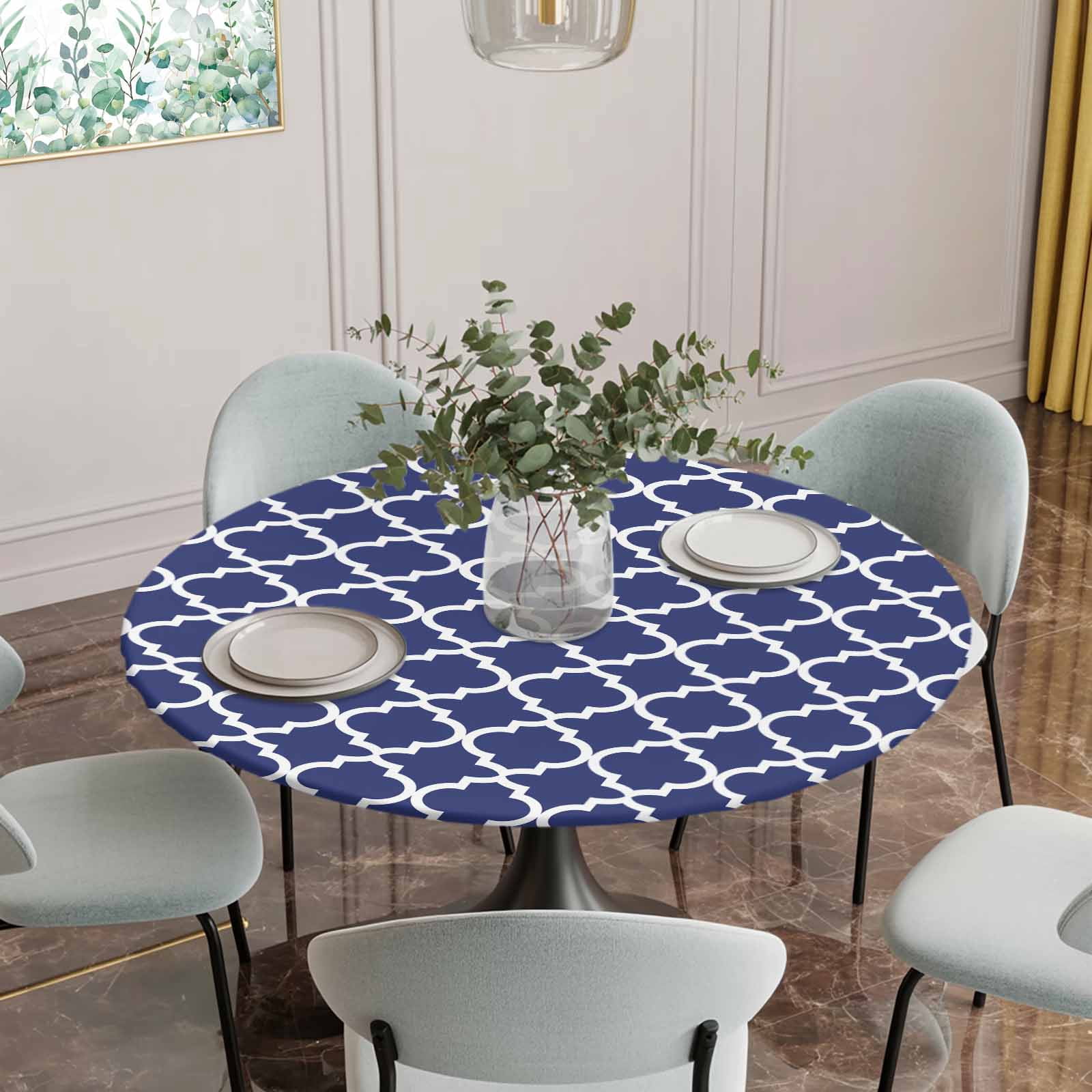 Fitted Tablecloth for Round Table, Navy Blue Moroccan Plaid Table Cover ...