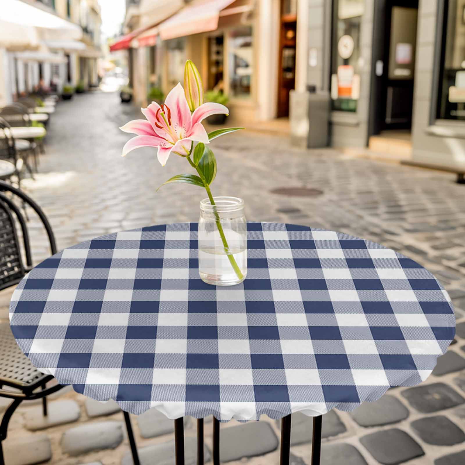 Fitted Tablecloth for Round Table, Navy Blue and White Grid Table Cover ...