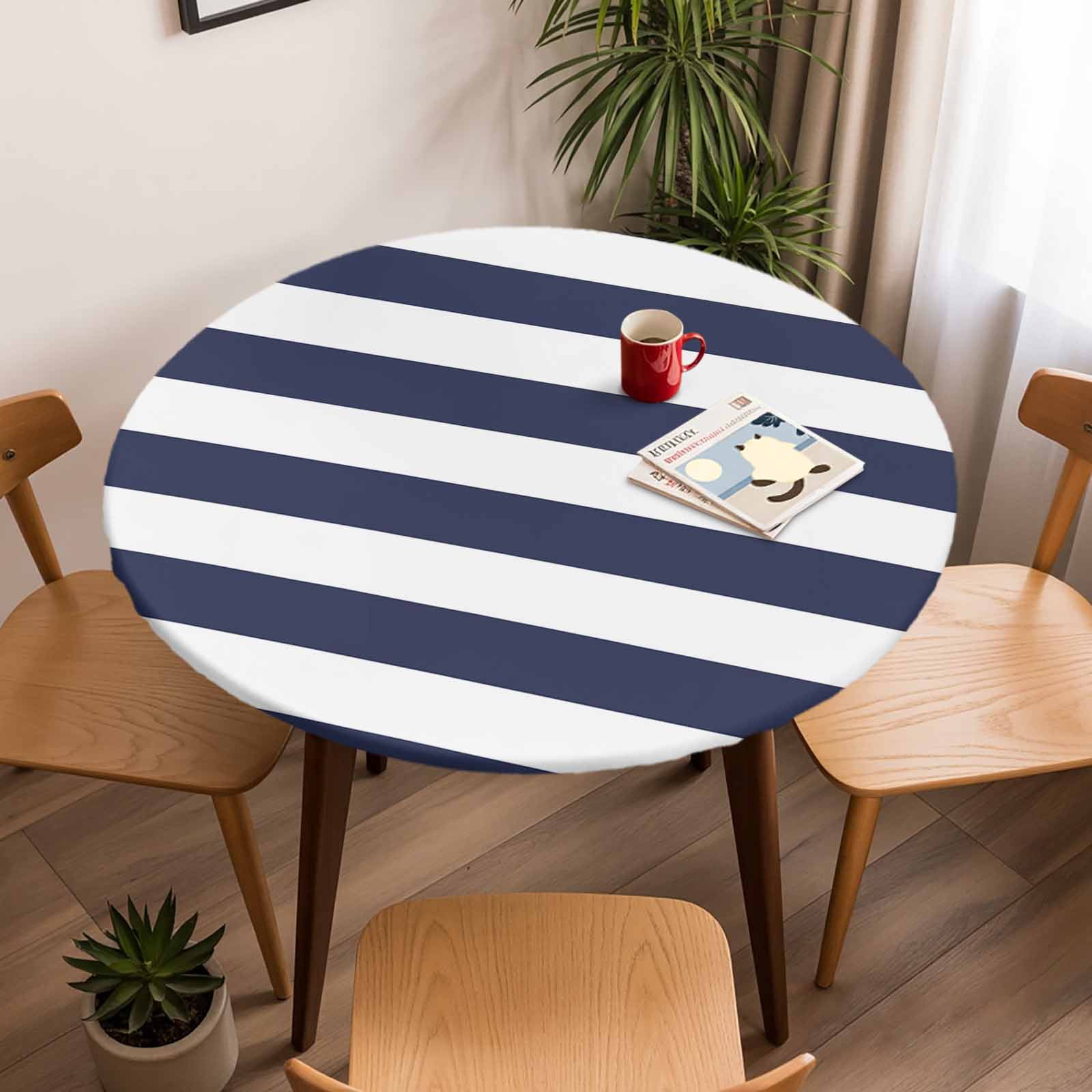 Fitted Tablecloth for Round Table, Navy Blue and White Stripe Table ...
