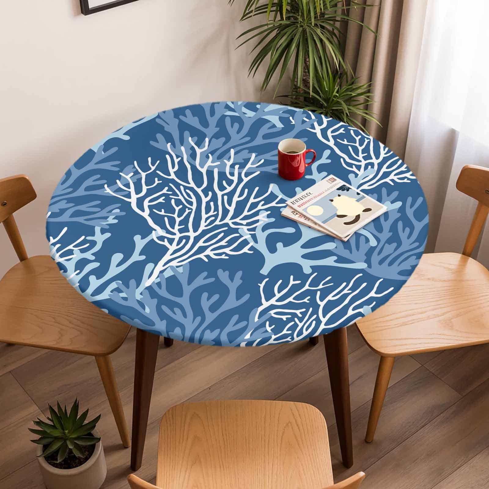 Fitted Tablecloth for Round Table, Ocean Blue Coral Seamless Table ...