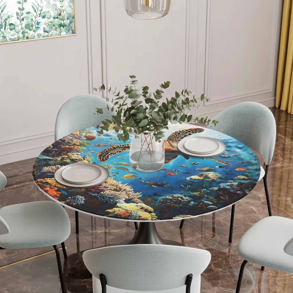 Fitted Tablecloth for Round Table, Ocean Life Turtle Underwater World ...