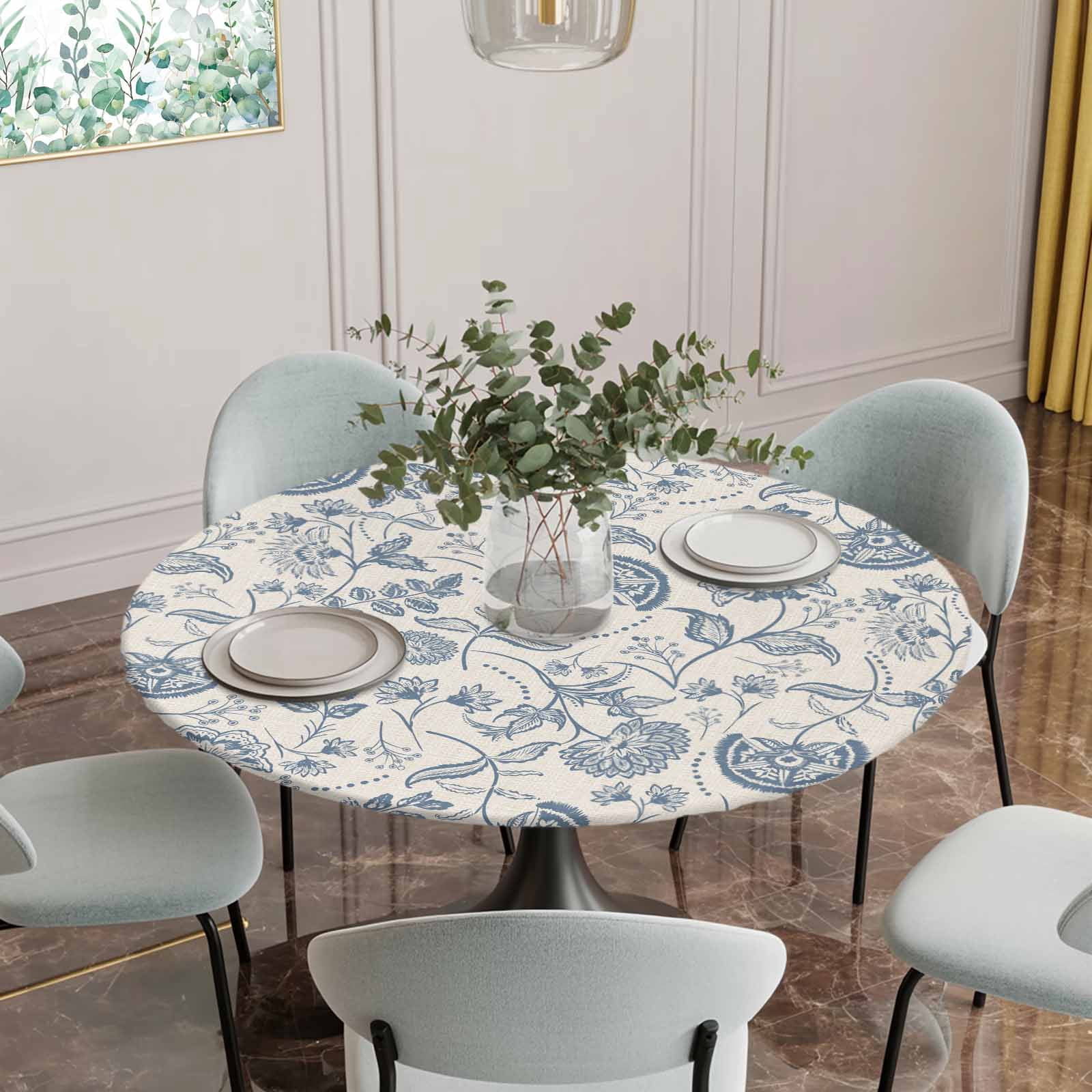 Fitted Tablecloth for Round Table, Pastoral Abstract Blue Flower on ...