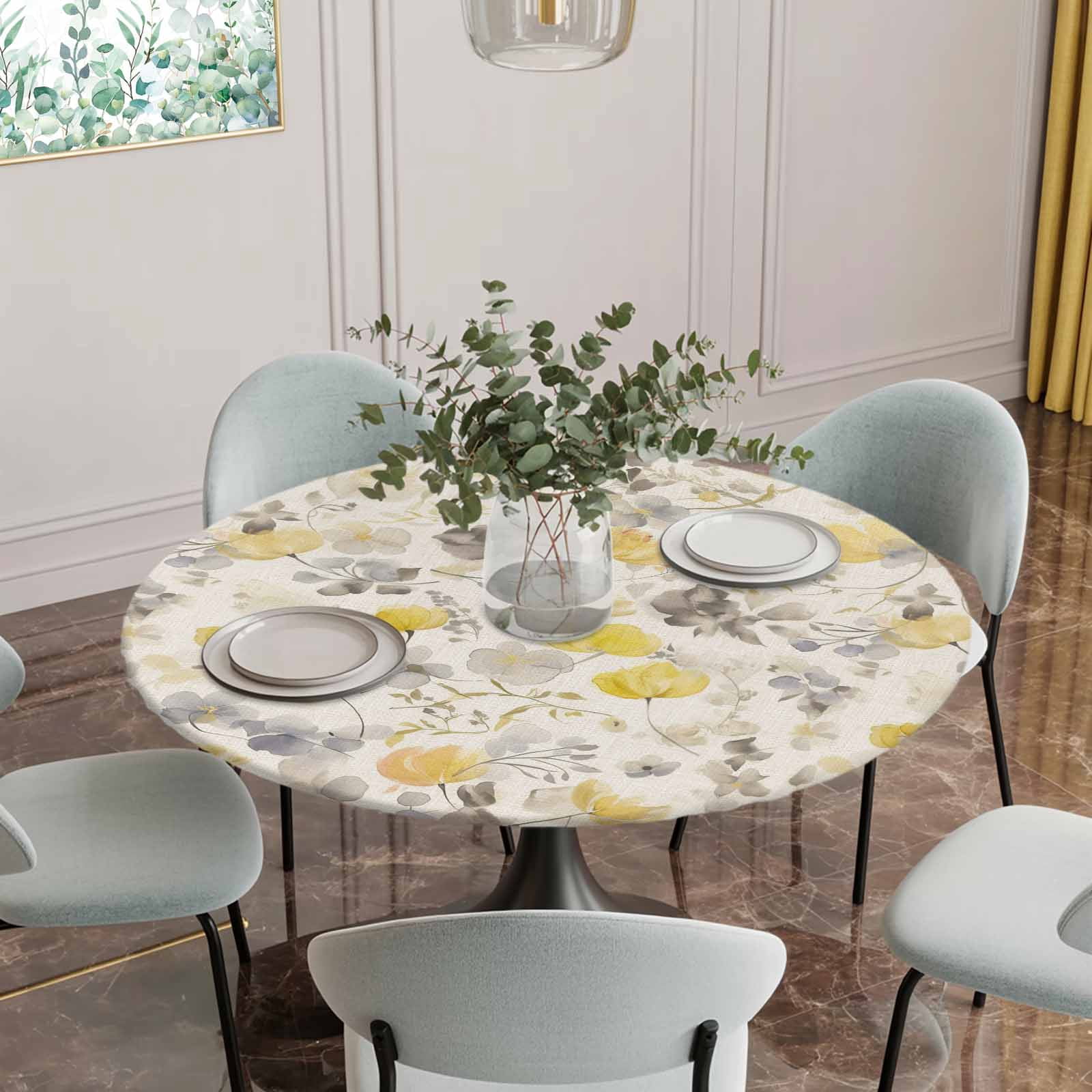 Fitted Tablecloth for Round Table,Pastoral Yellow Grey Flowers Table ...