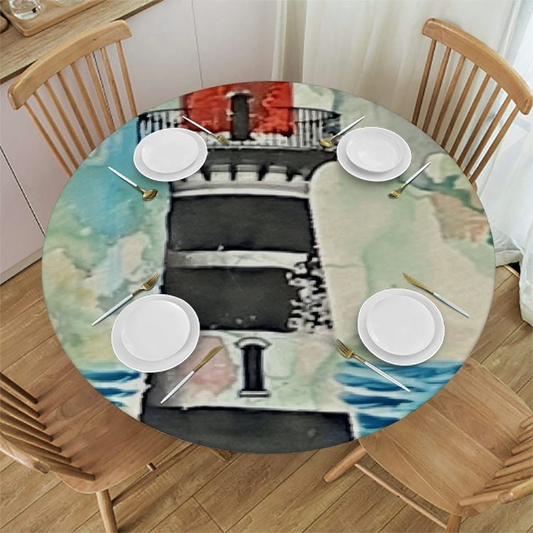 Fitted Tablecloth for Round Table,Red Black White Watercolor Lighthouse ...