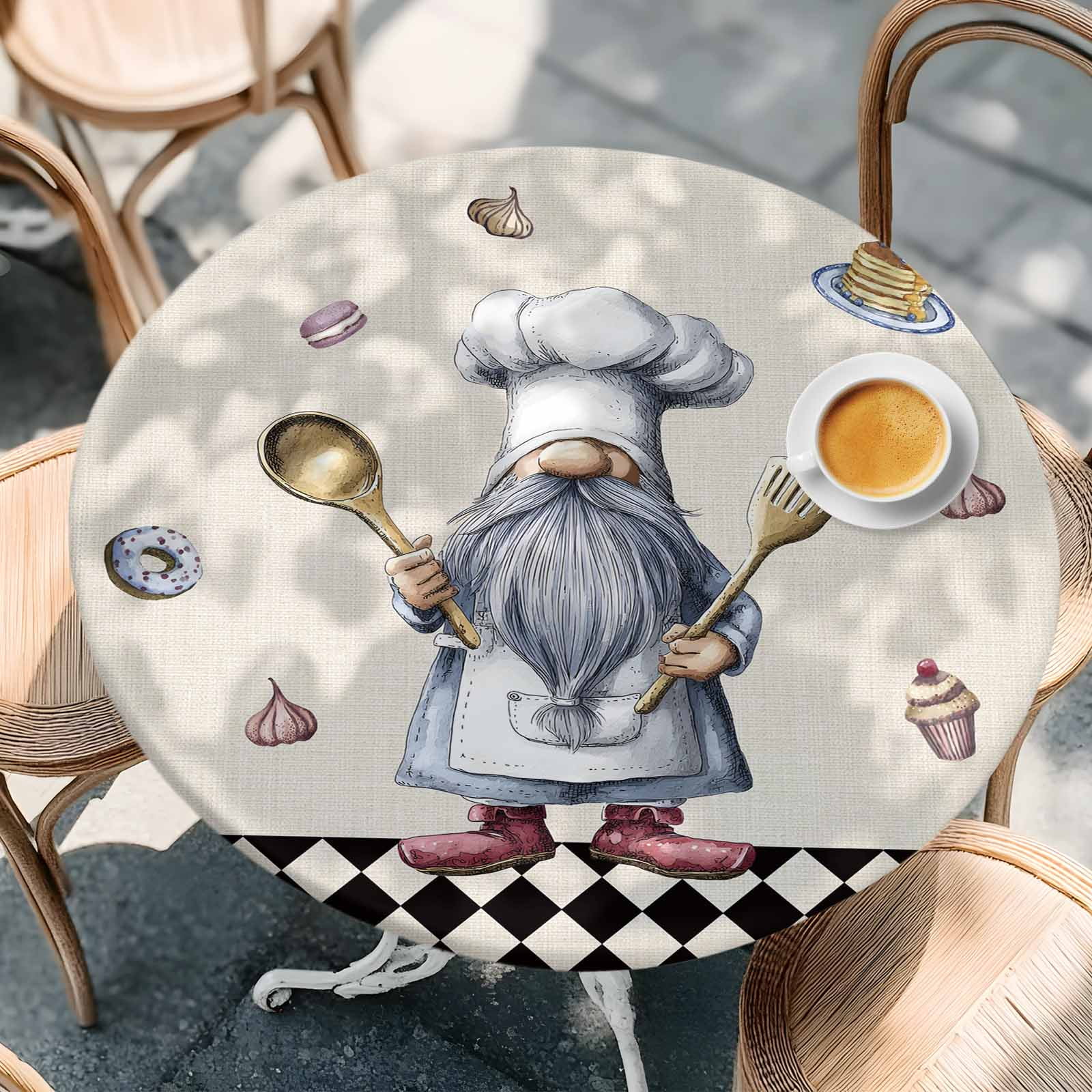 Fitted Tablecloth for Round Table,Retro Cartoon Dessert Chef Gnome ...