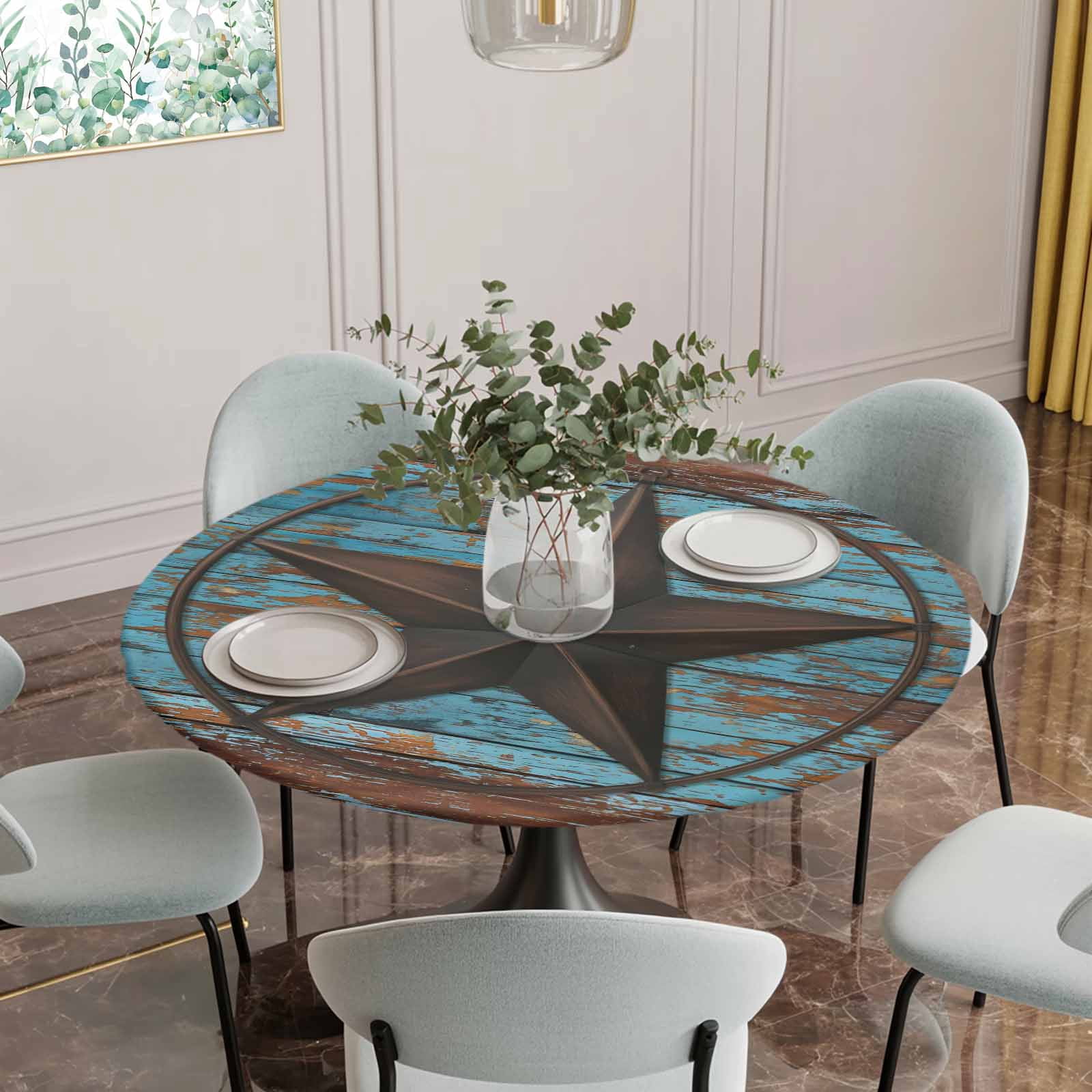 Fitted Tablecloth for Round Table, Retro Farm Texas Star Table Cover ...