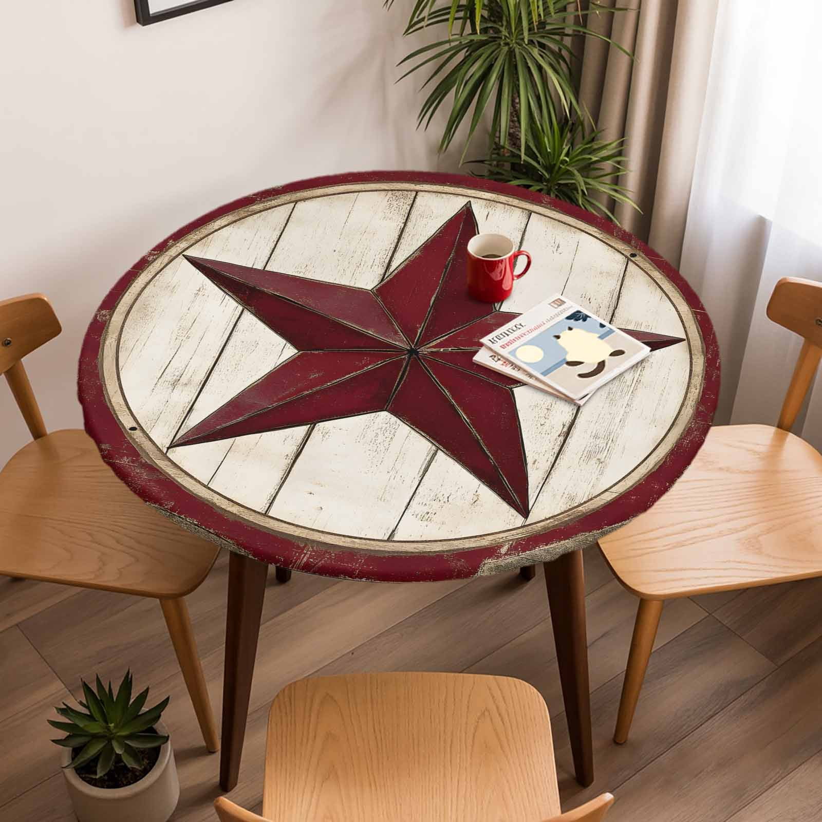 Fitted Tablecloth for Round Table, Retro Red Country Star Table Cover ...