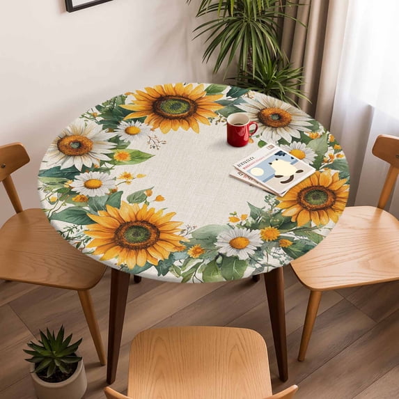 Fitted Tablecloth for Round Table, Retro Spring Watercolor Garland ...