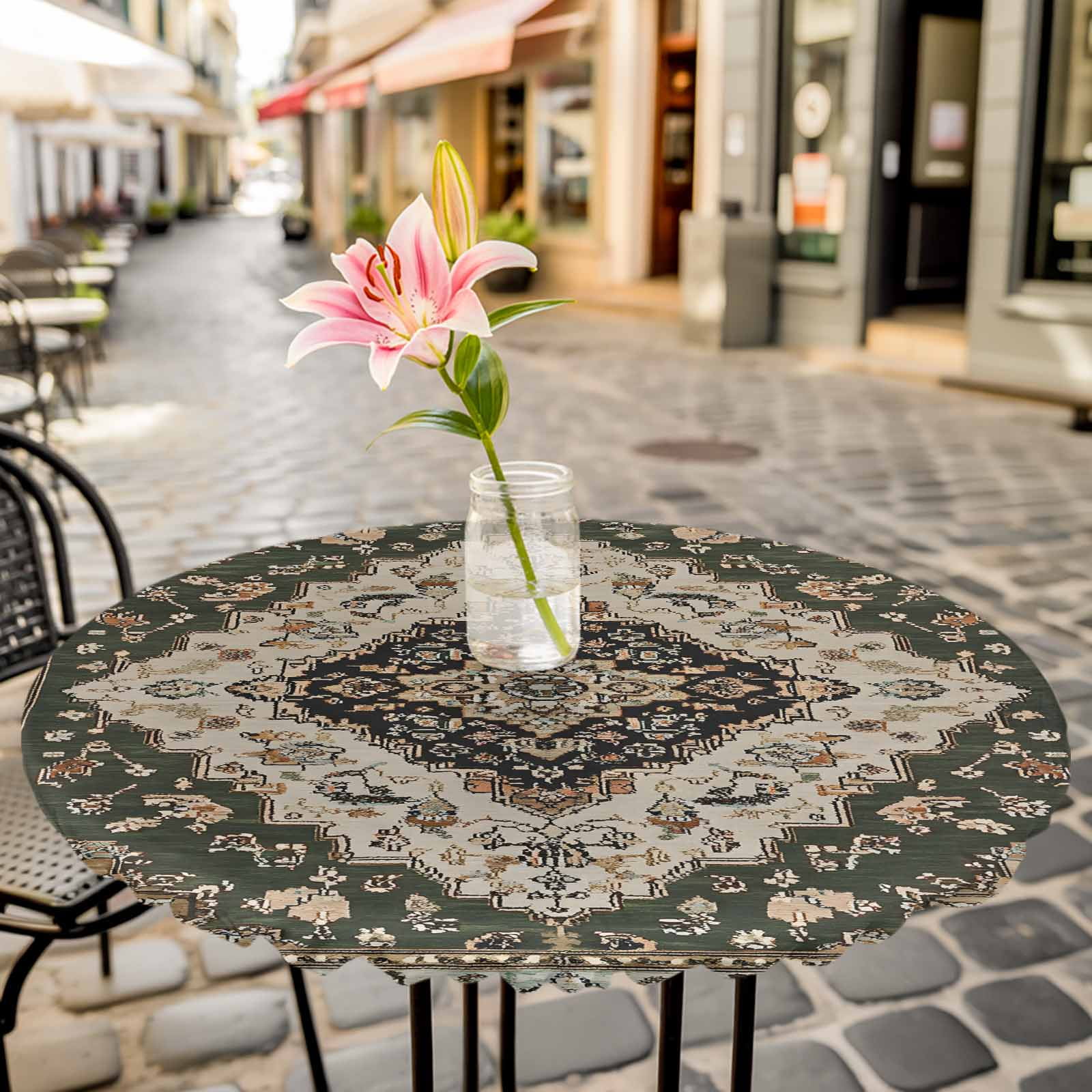 Fitted Tablecloth for Round Table, Retro Traditional Turkish Floral ...