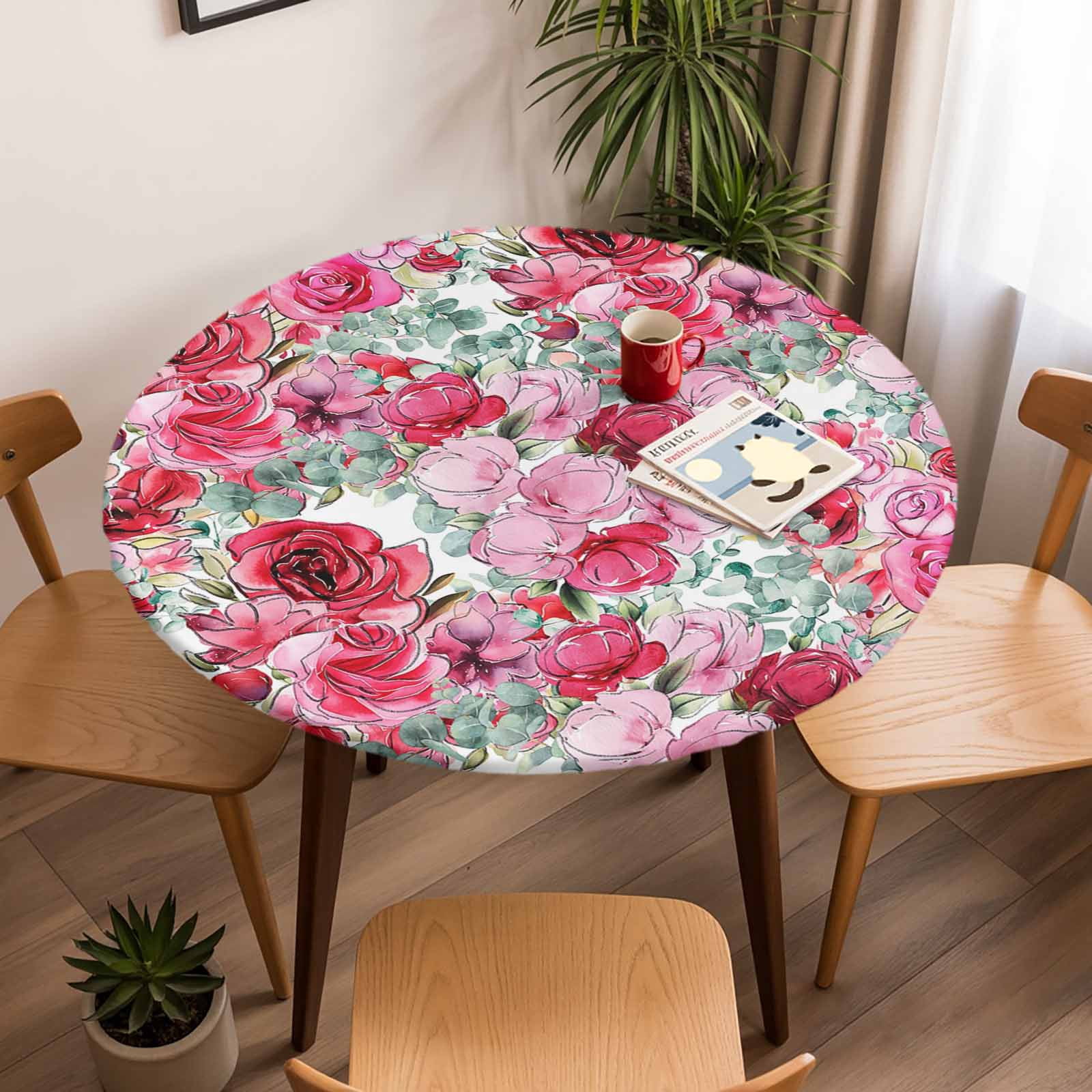 Fitted Tablecloth for Round Table, Rose Flower Valentine's Day ...