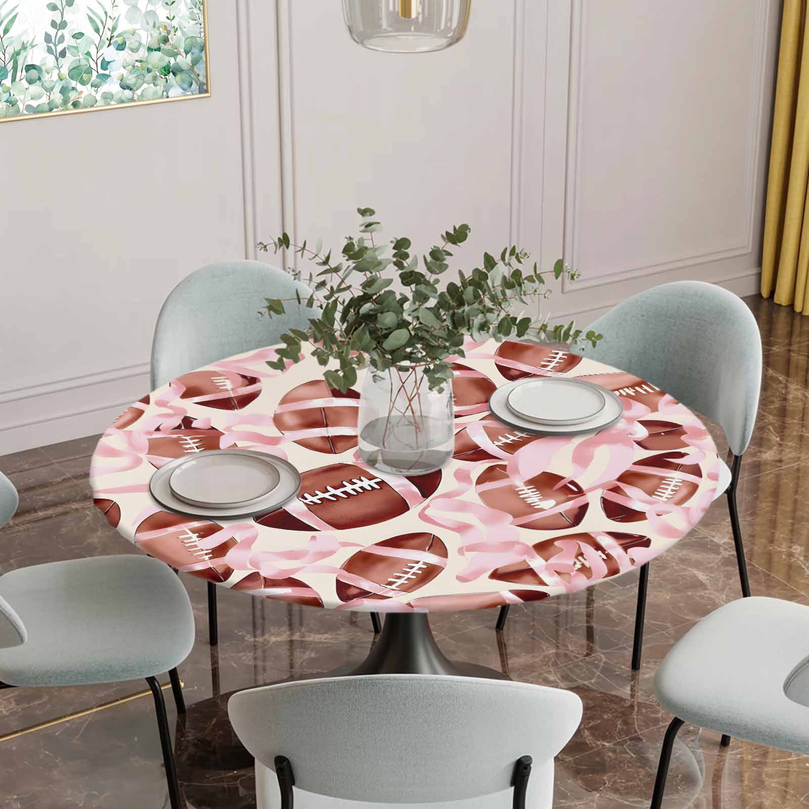 Fitted Tablecloth for Round Table, Rugby Football Pink Bow Table Cover ...