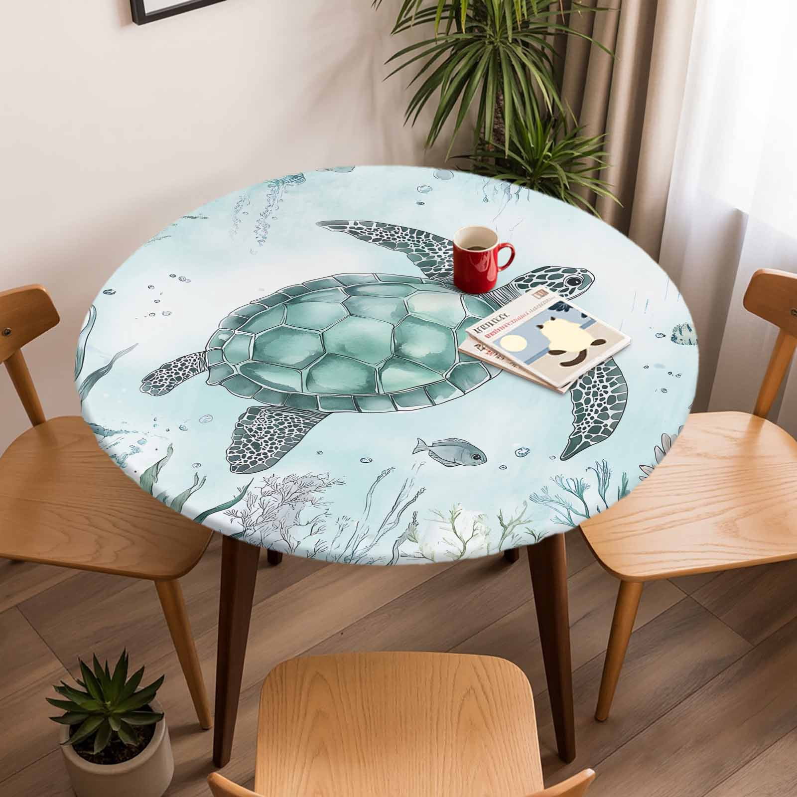 Fitted Tablecloth for Round Table, Sea Turtle Ocean Seaweed Cyan Table ...