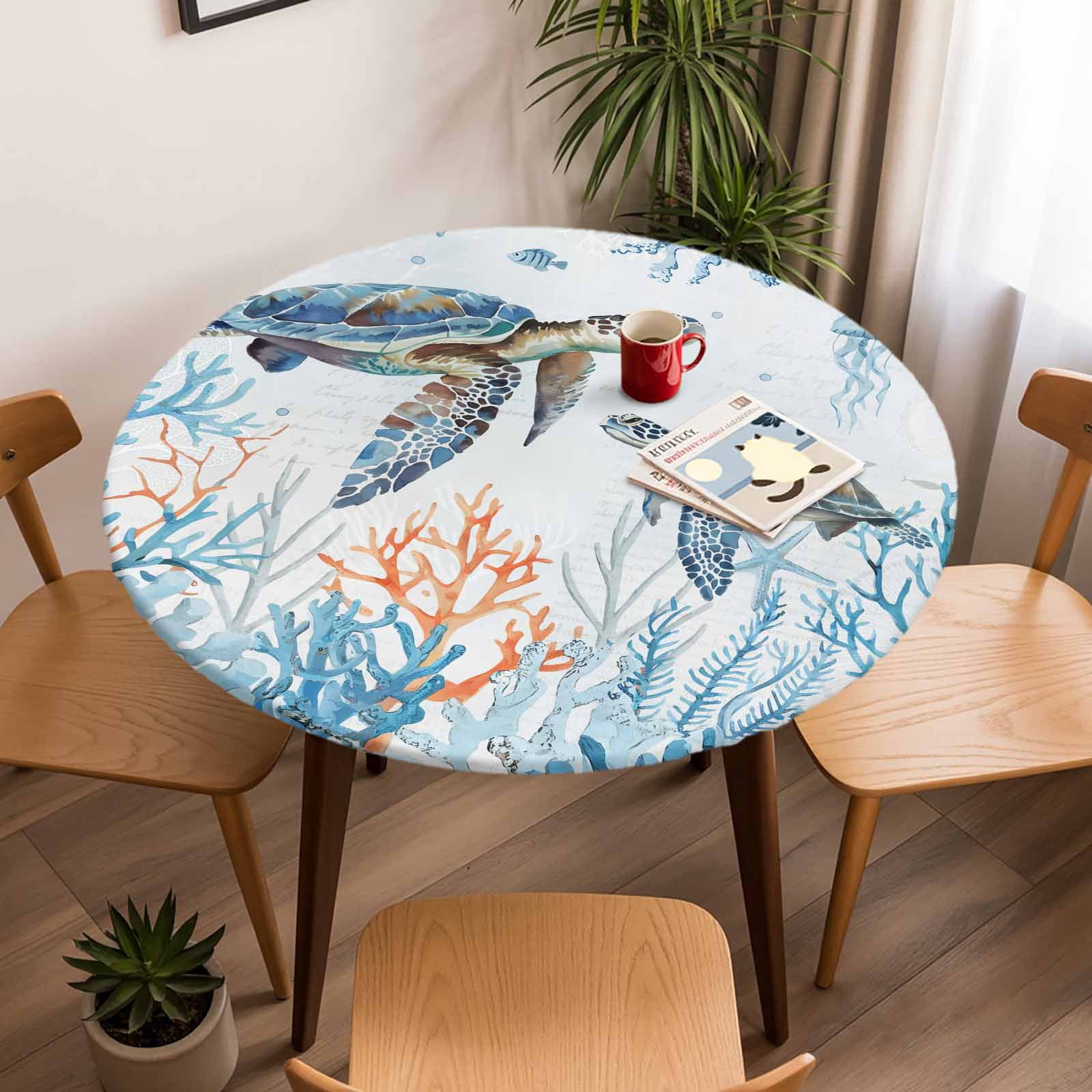 Fitted Tablecloth for Round Table, Sea turtle Ocean Blue Coral Table ...